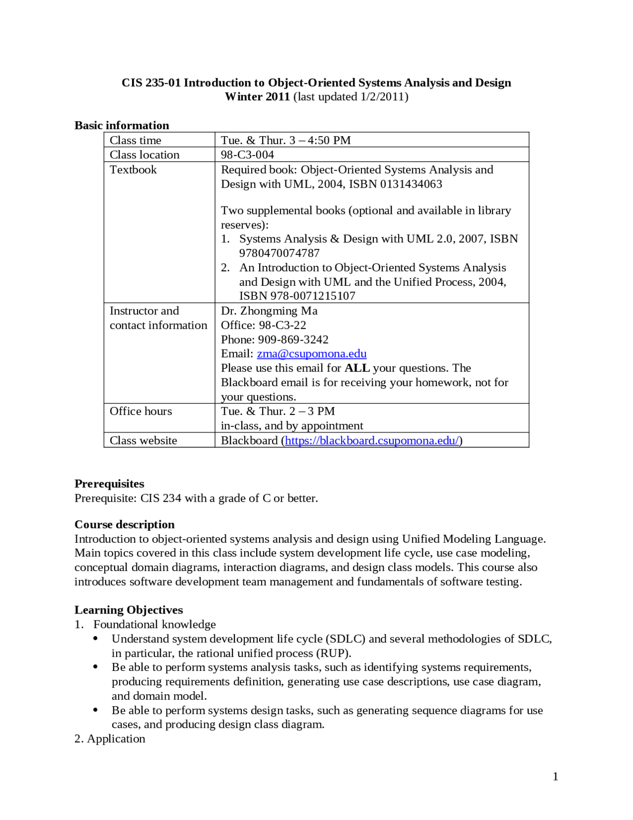 Syllabus Introduction To Object Oriented Systems Analysis And Design