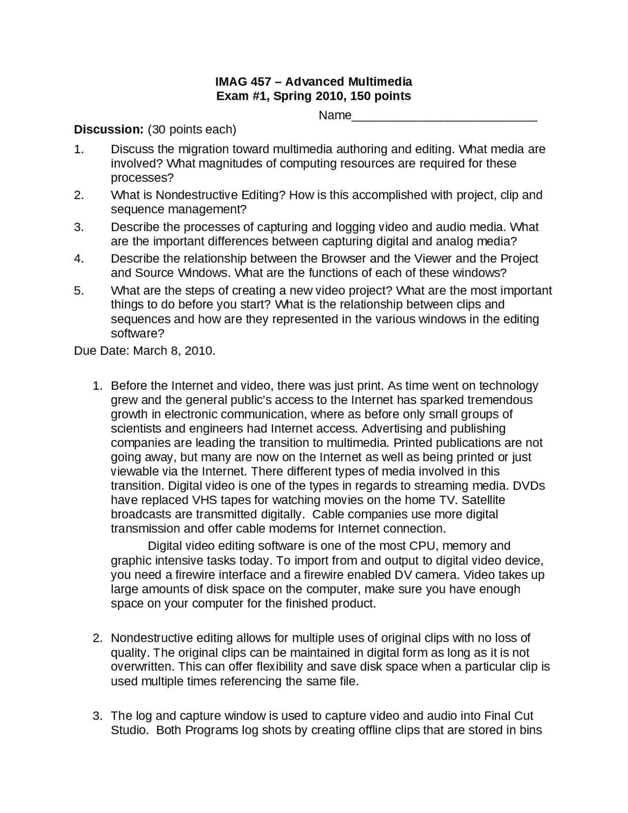 Exam 1 - Advanced Multimedia - Spring 2010 | IMAG 4570 - Docsity