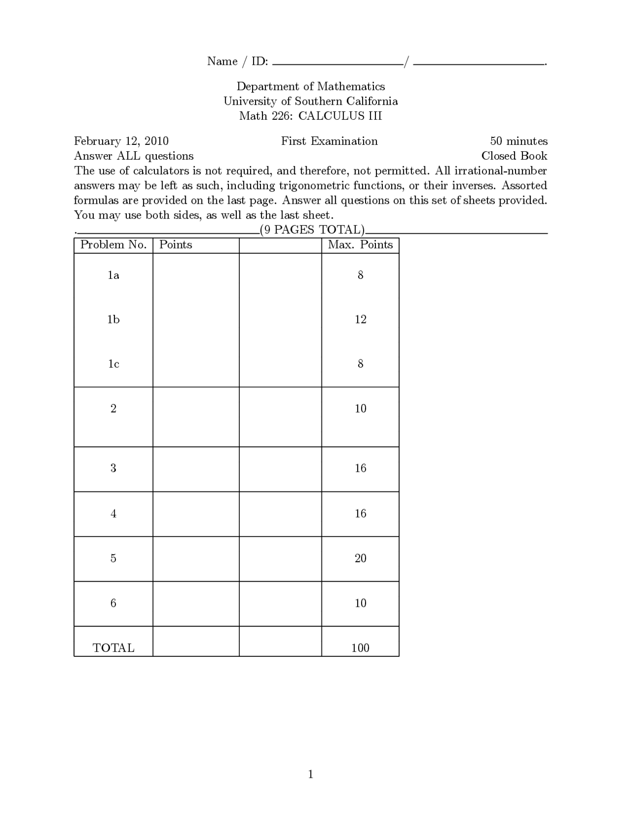 6 Problems For First Examination Calculus Iii Math 226 Docsity