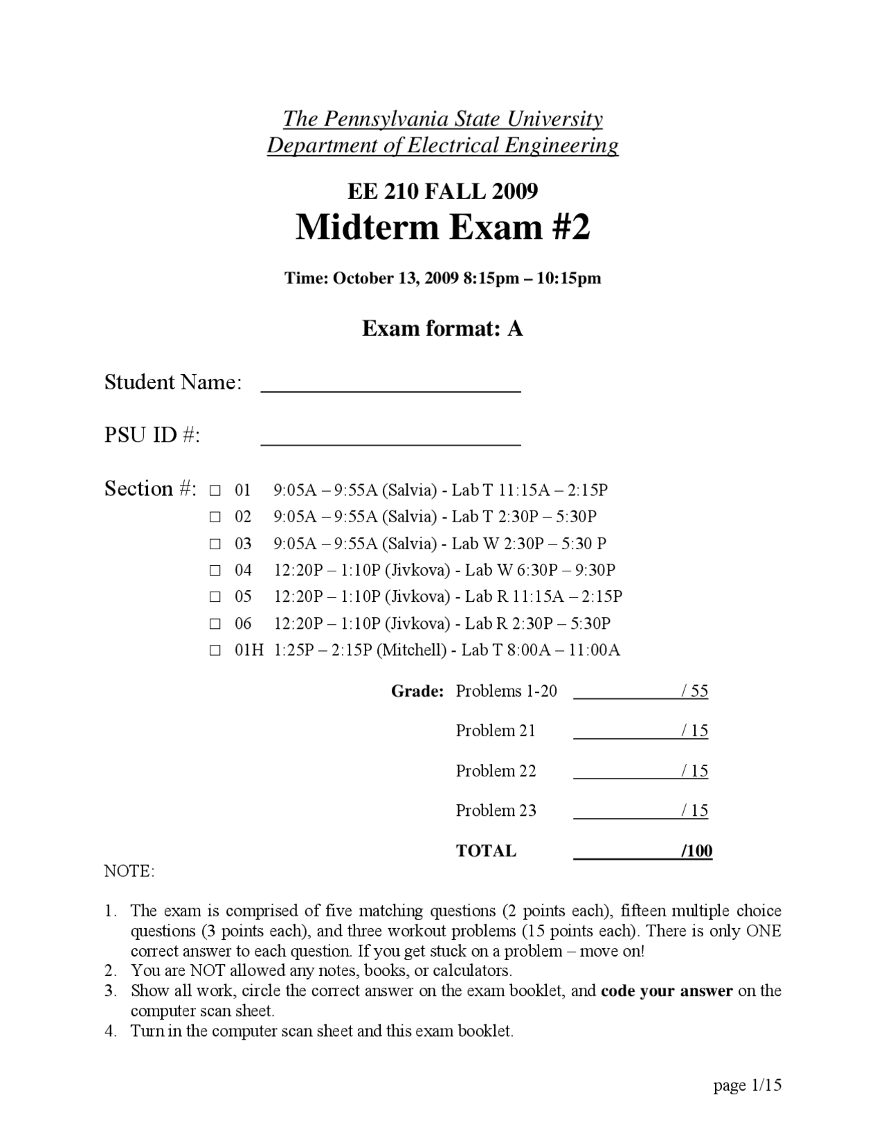 Midterm Exam 2 Questions For Circuits And Devices E E 210 Docsity