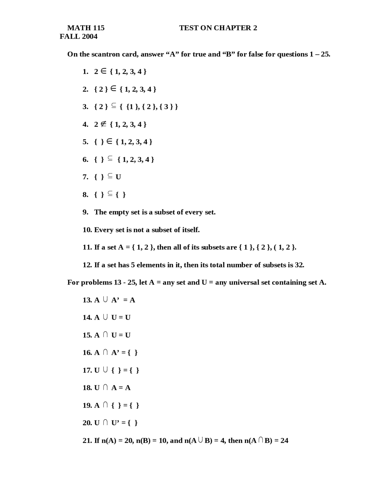 Exam 1 For Concepts Of Mathematics Math 17115 Docsity