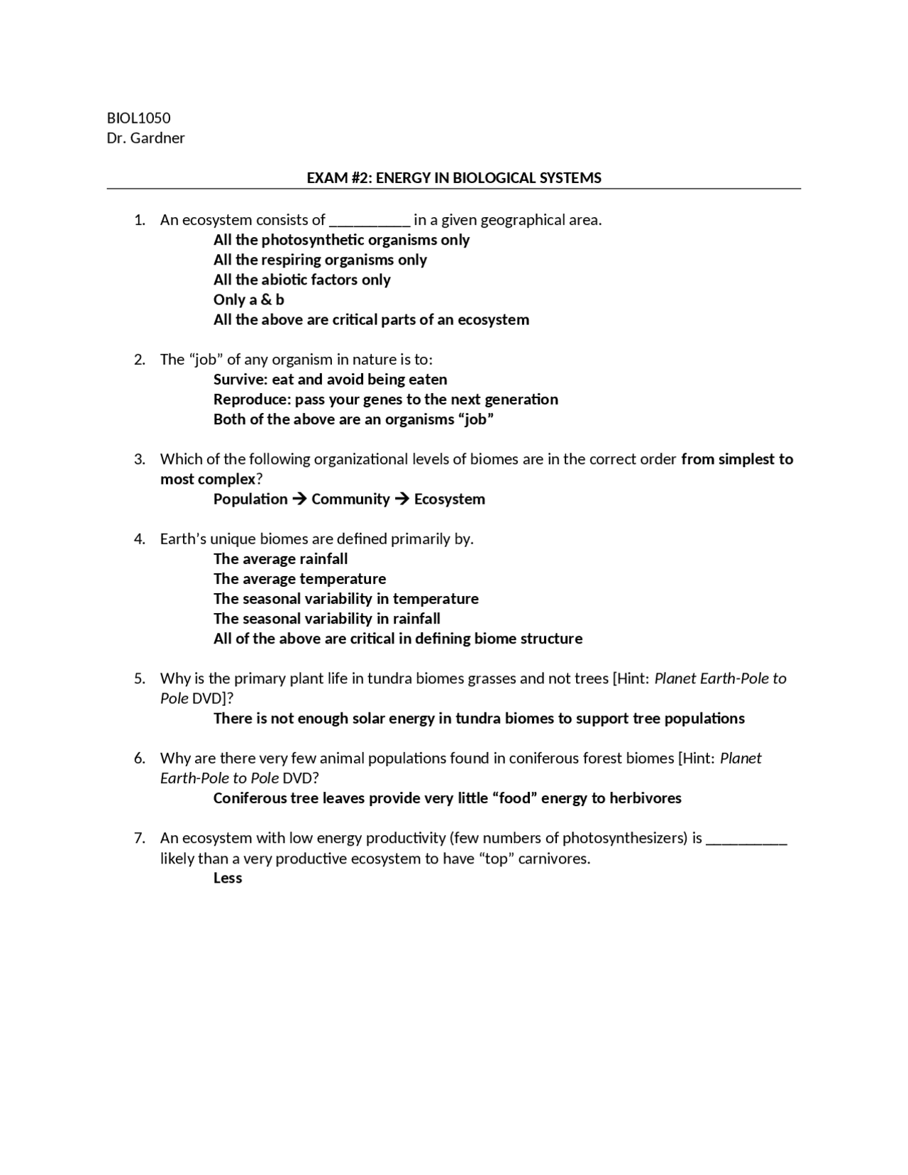 Energy In Biological Systems Solved Exam 2 Biol 1050 Docsity