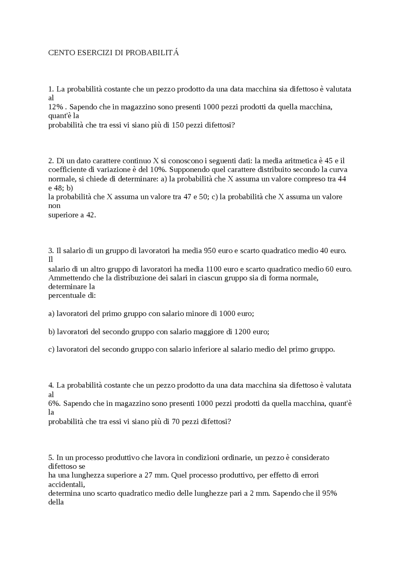 Cinquanta Esercizi Di Inferenza Statistica Docsity