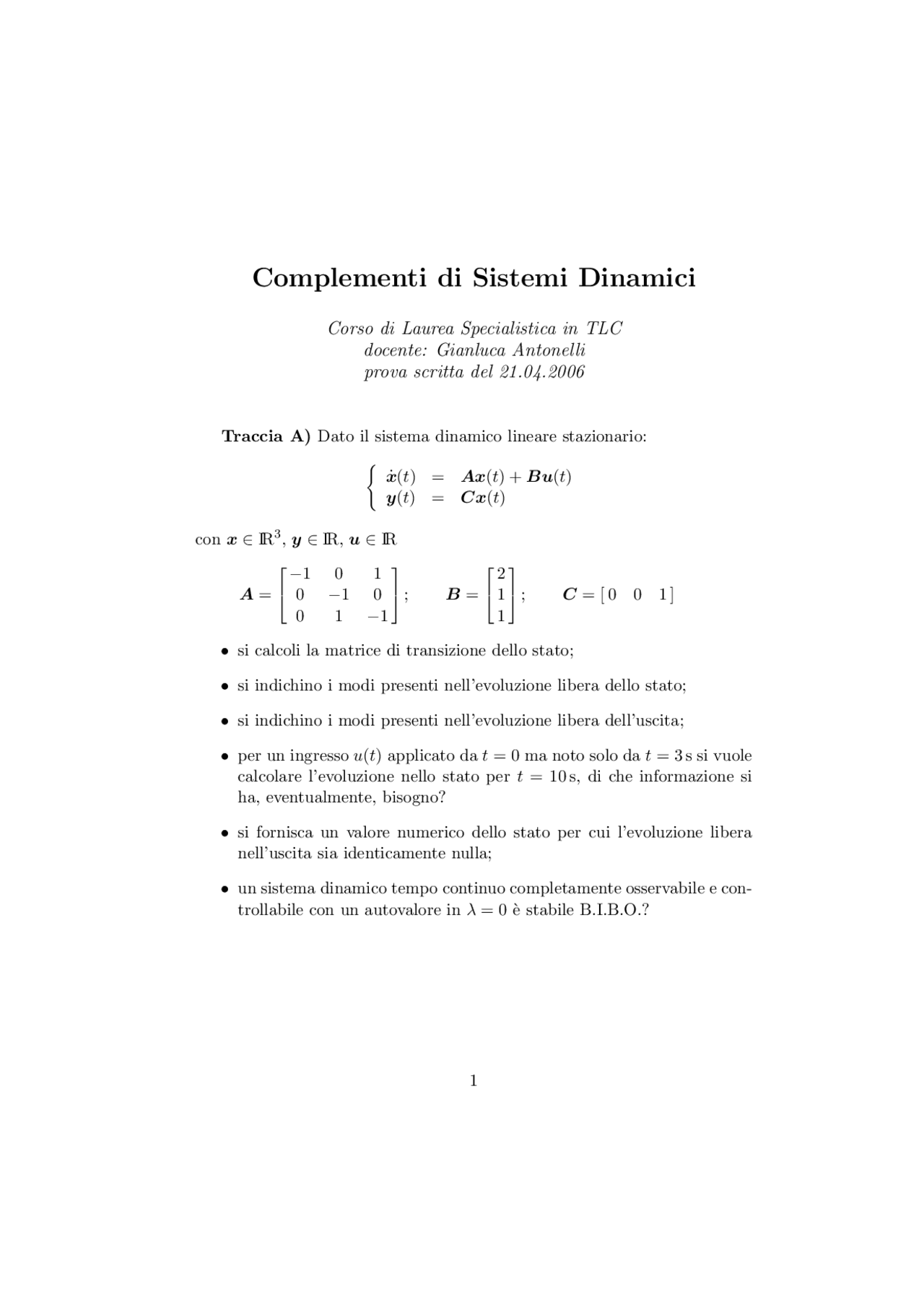 Complementi Di Sistemi Dinamici Esame 21 04 2006 Docsity