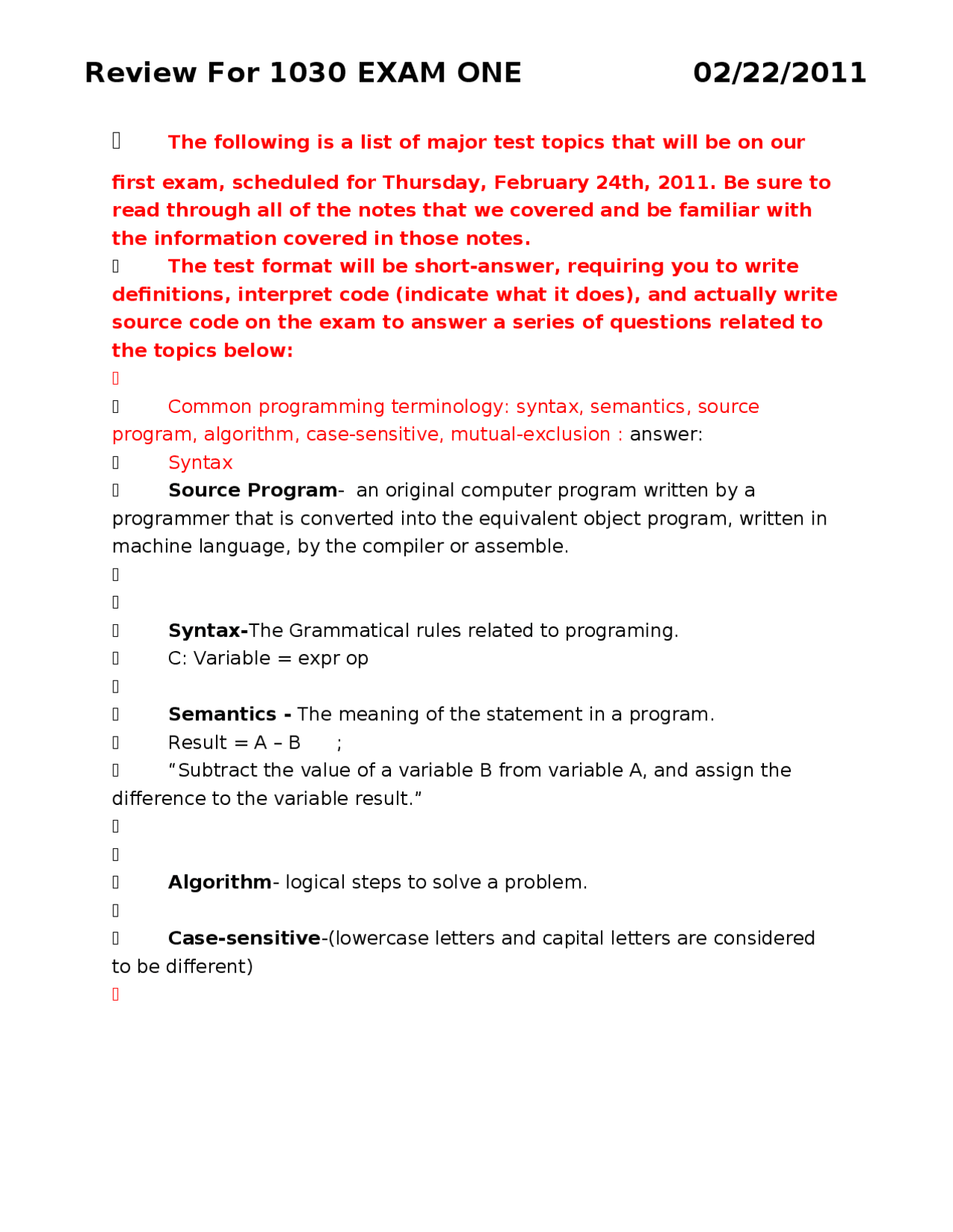 Review For Exam 1 Computer Science I Csce 1030 Docsity