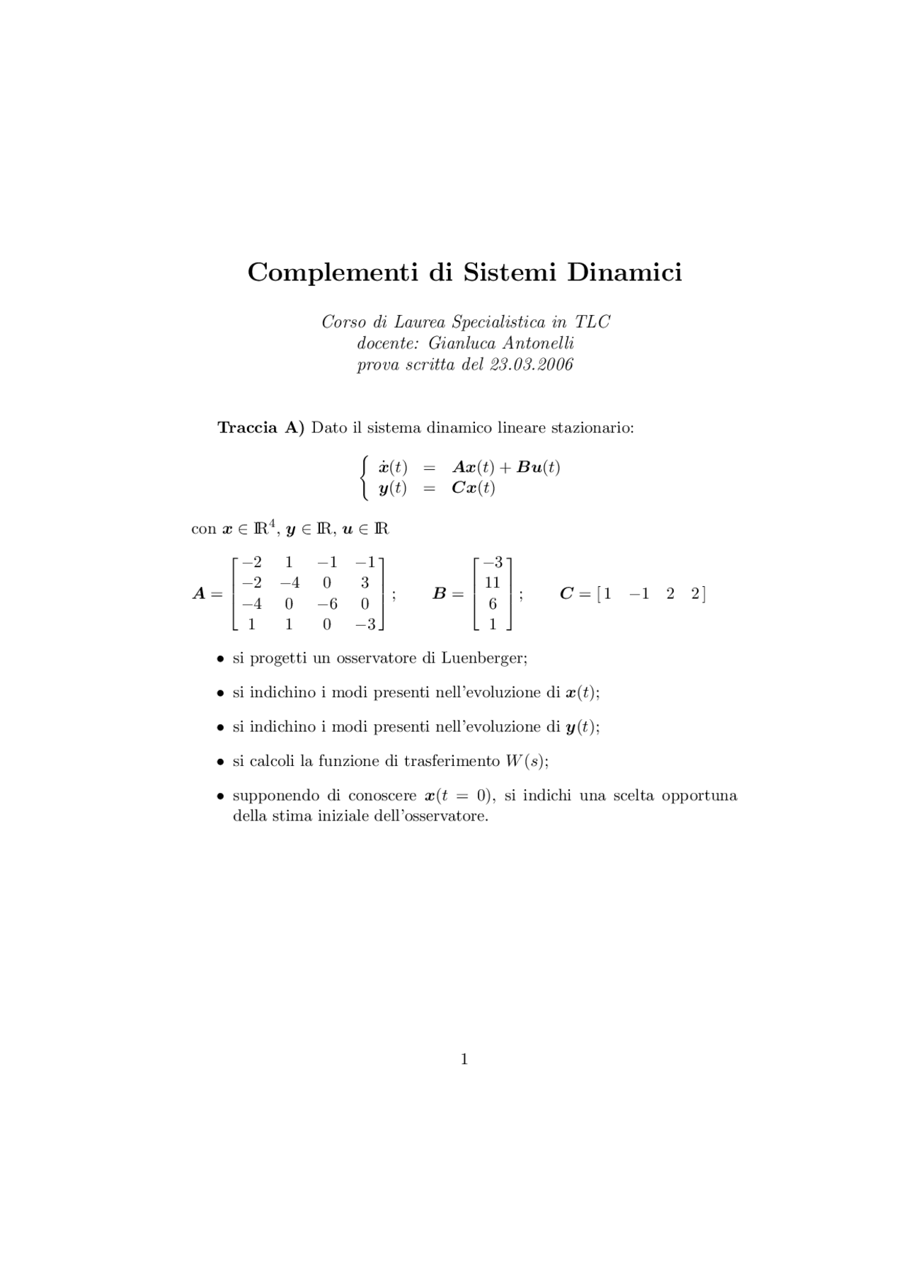 Complementi Di Sistemi Dinamici Esame 23 03 2006 Prove Desame Di