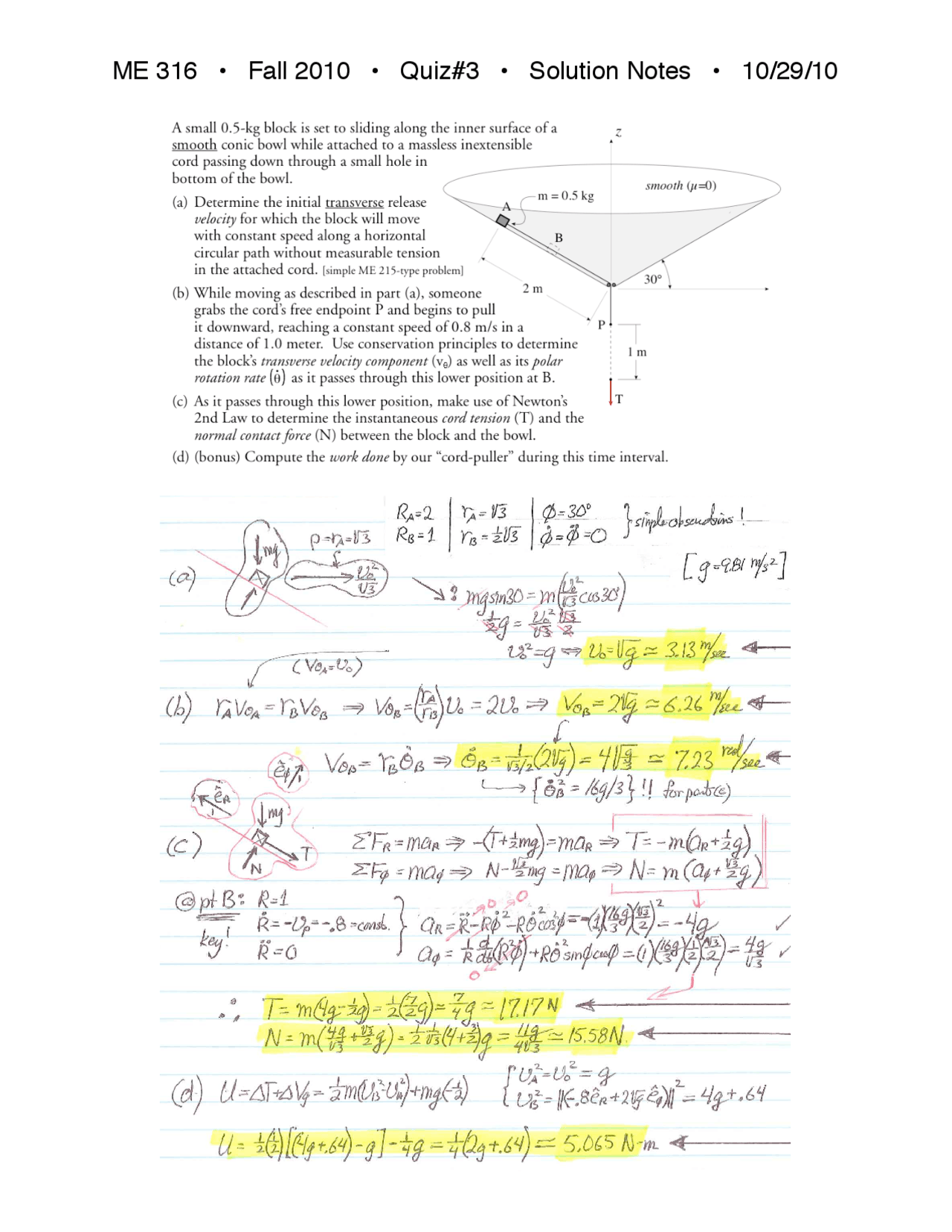 Quiz 3 Solution Notes Intermediate Dynamics Me 316 Docsity