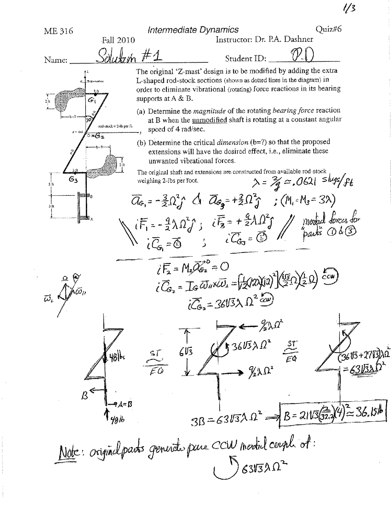 Solutions For Quiz 6 Intermediate Dynamics Me 316 Docsity