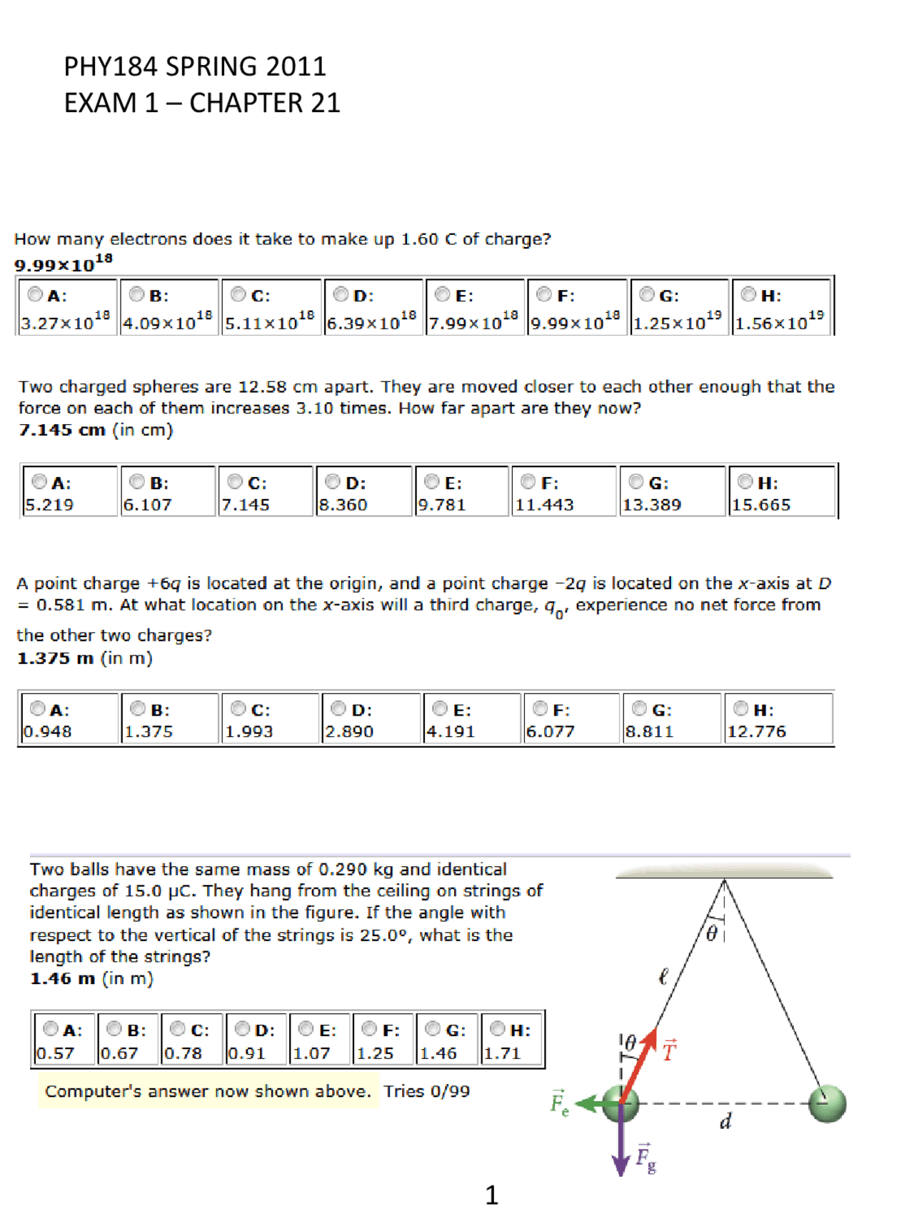 Physics Scientists And Engineers Ii Exam 1 On Chapter 21 Phy 184