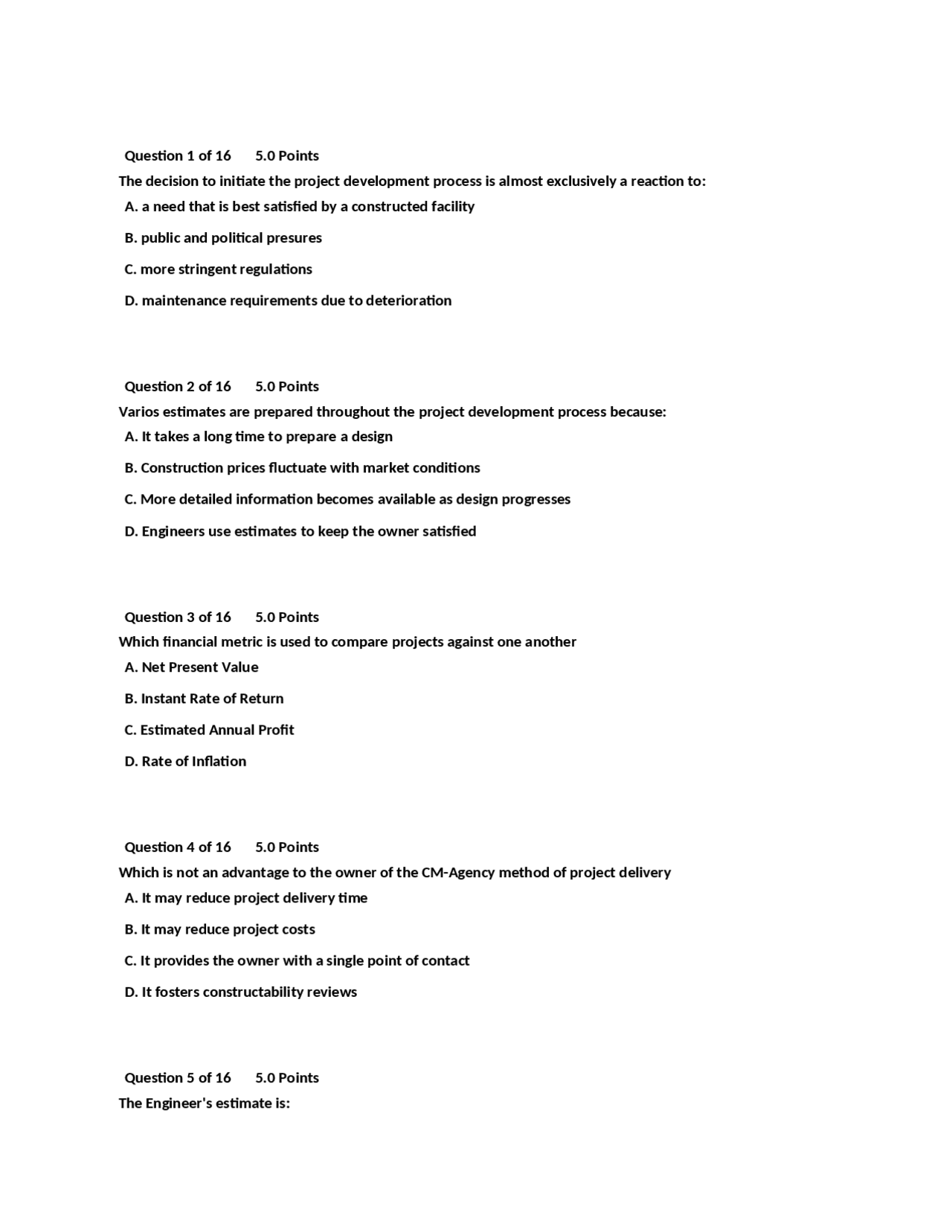 16 Questions On Construction Management Cee 3014 Docsity