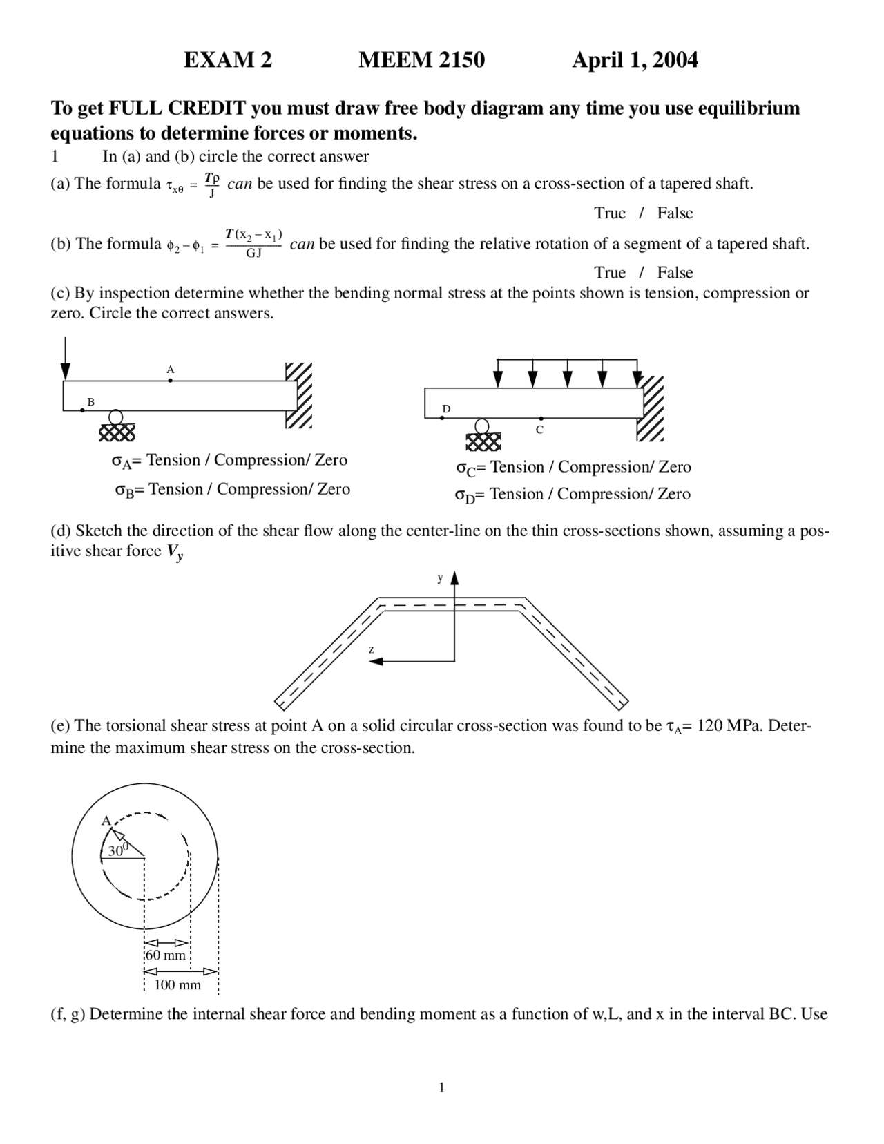 Exam 2 - Questions with Answer - Mechanics of Materials | C E 215 - Docsity
