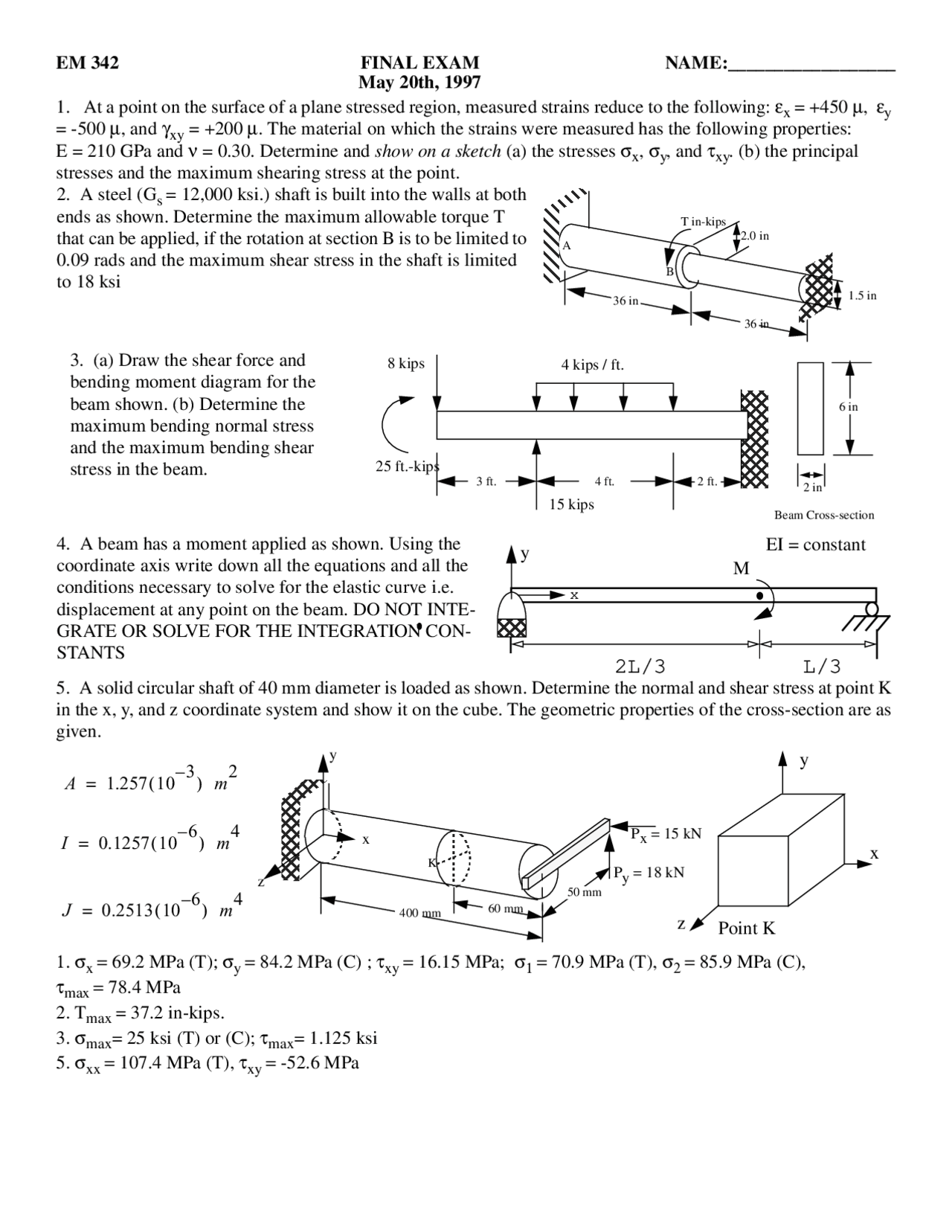 Mechanics of Materials - Final Examination | C E 215 - Docsity