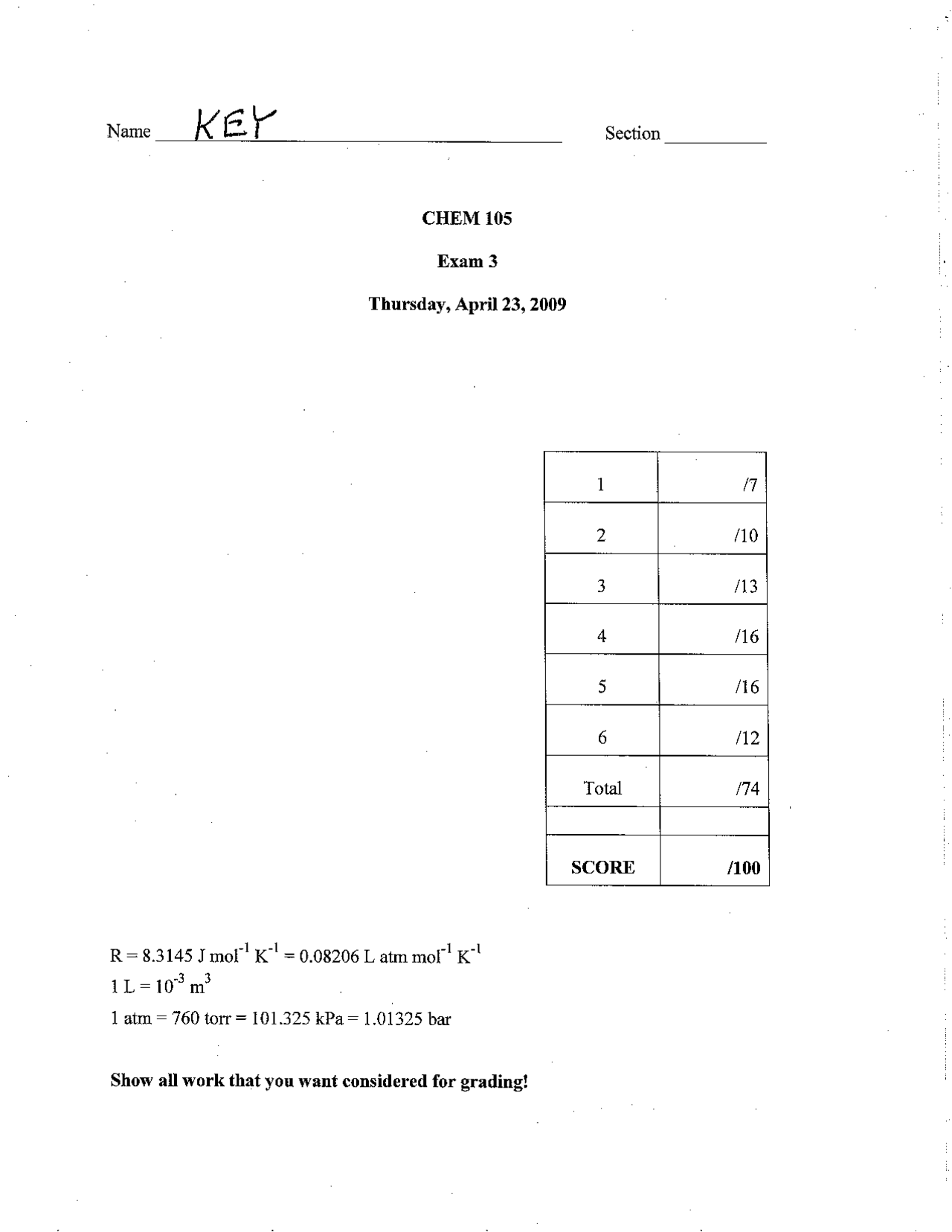Principles Of Chemistry I With Key Exam 3 Chem 105 Docsity