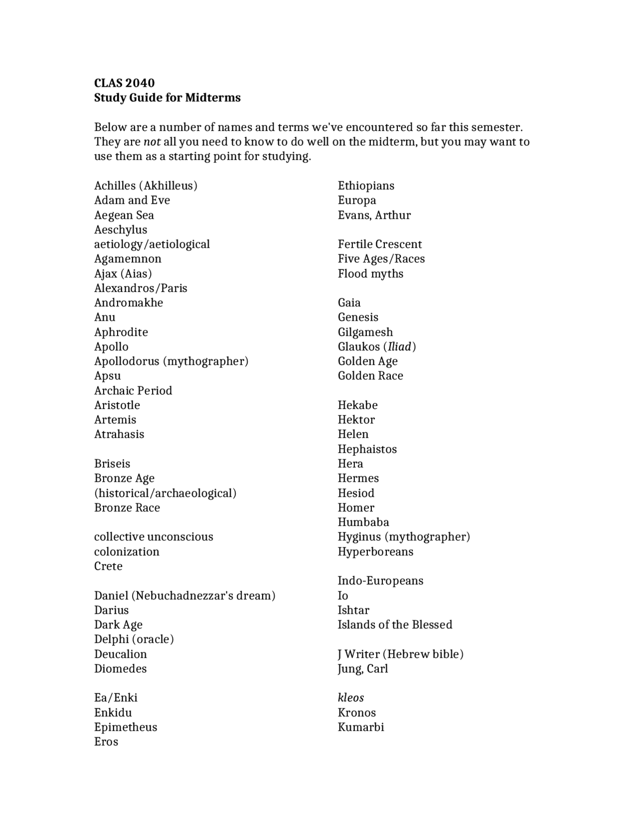 Midterm Study Guide - Greek Mythology | CLAS 2040 - Docsity