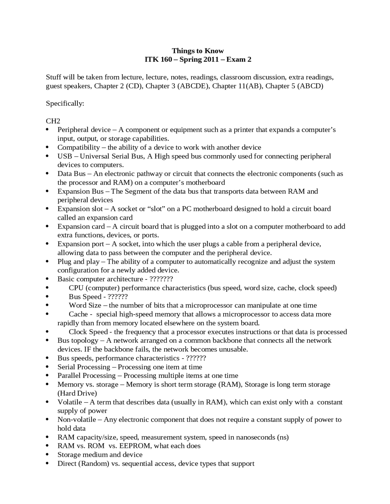 Things to Know - Review Sheet - Old Examination 2 | ITK 160.00 - Docsity