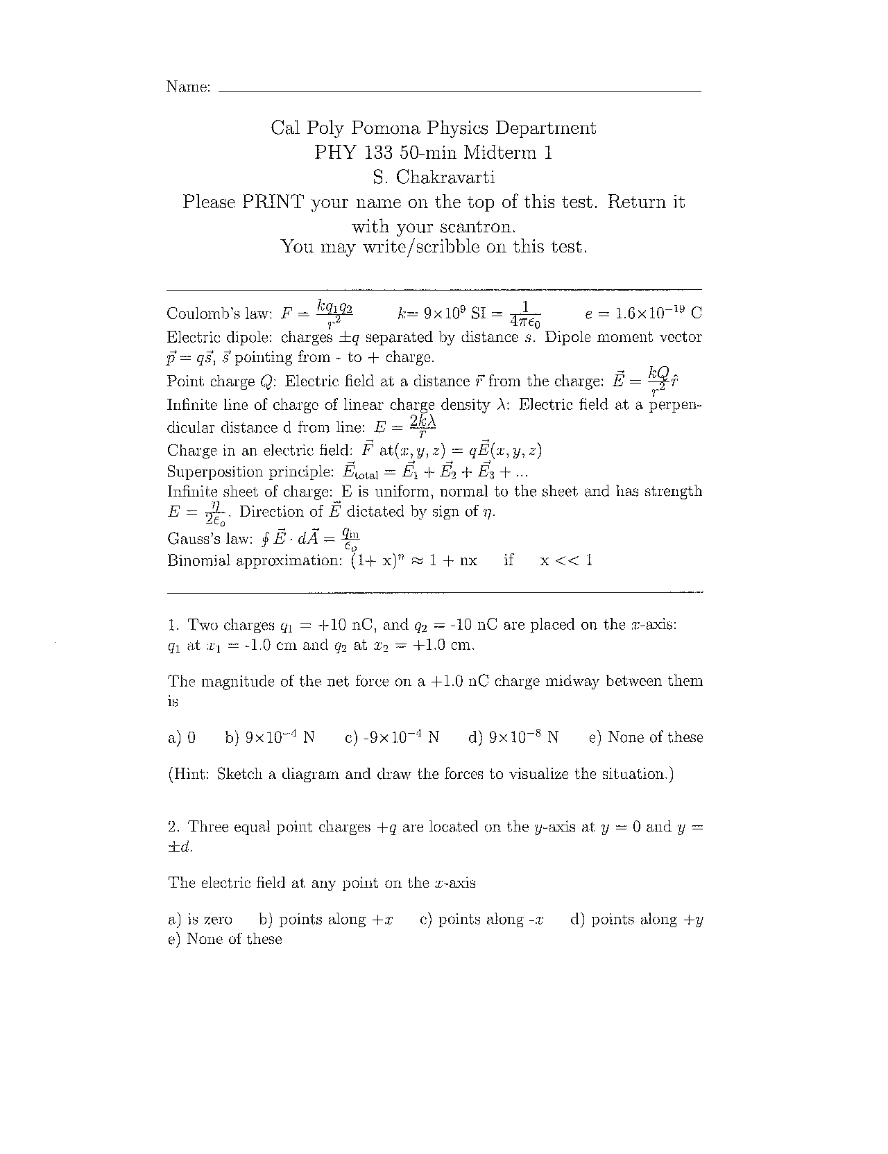 Midterm Exam For General Physics Phy 133 Docsity
