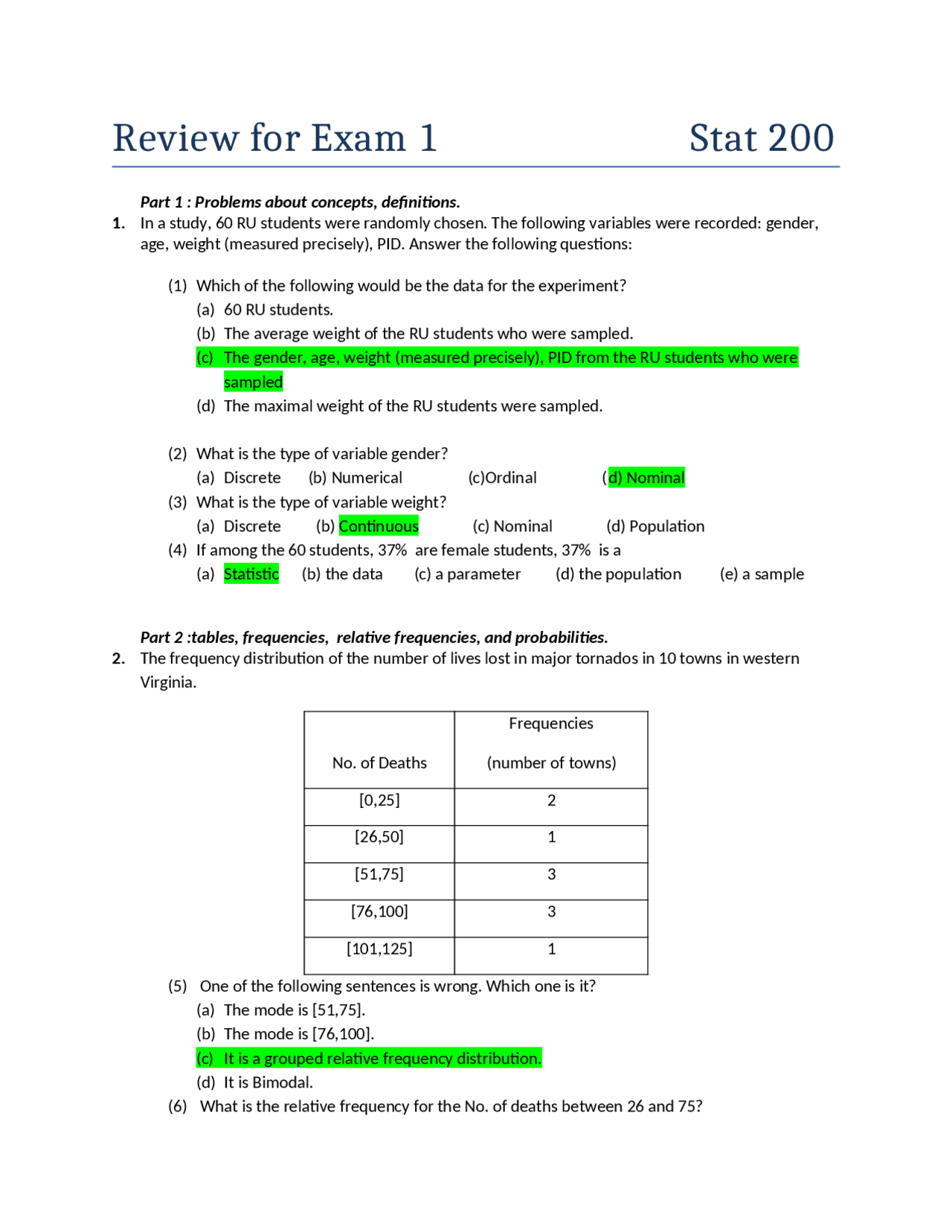 Review For Exam 1 Introduction To Statistics Stat 200 Docsity