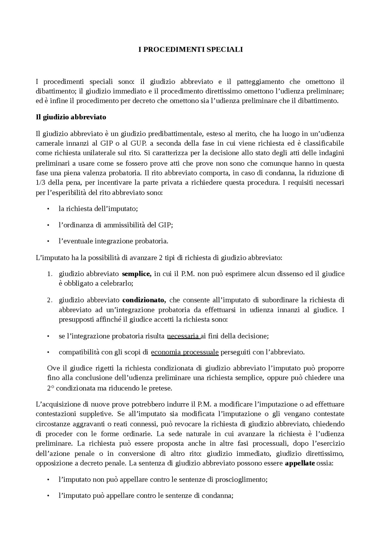 I PROCEDIMENTI SPECIALI - Docsity