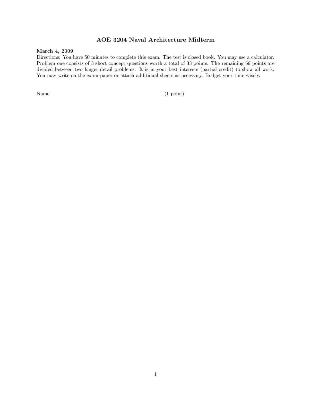 Sample Questions For Midterm Naval Architecture Fall 2009 Aoe