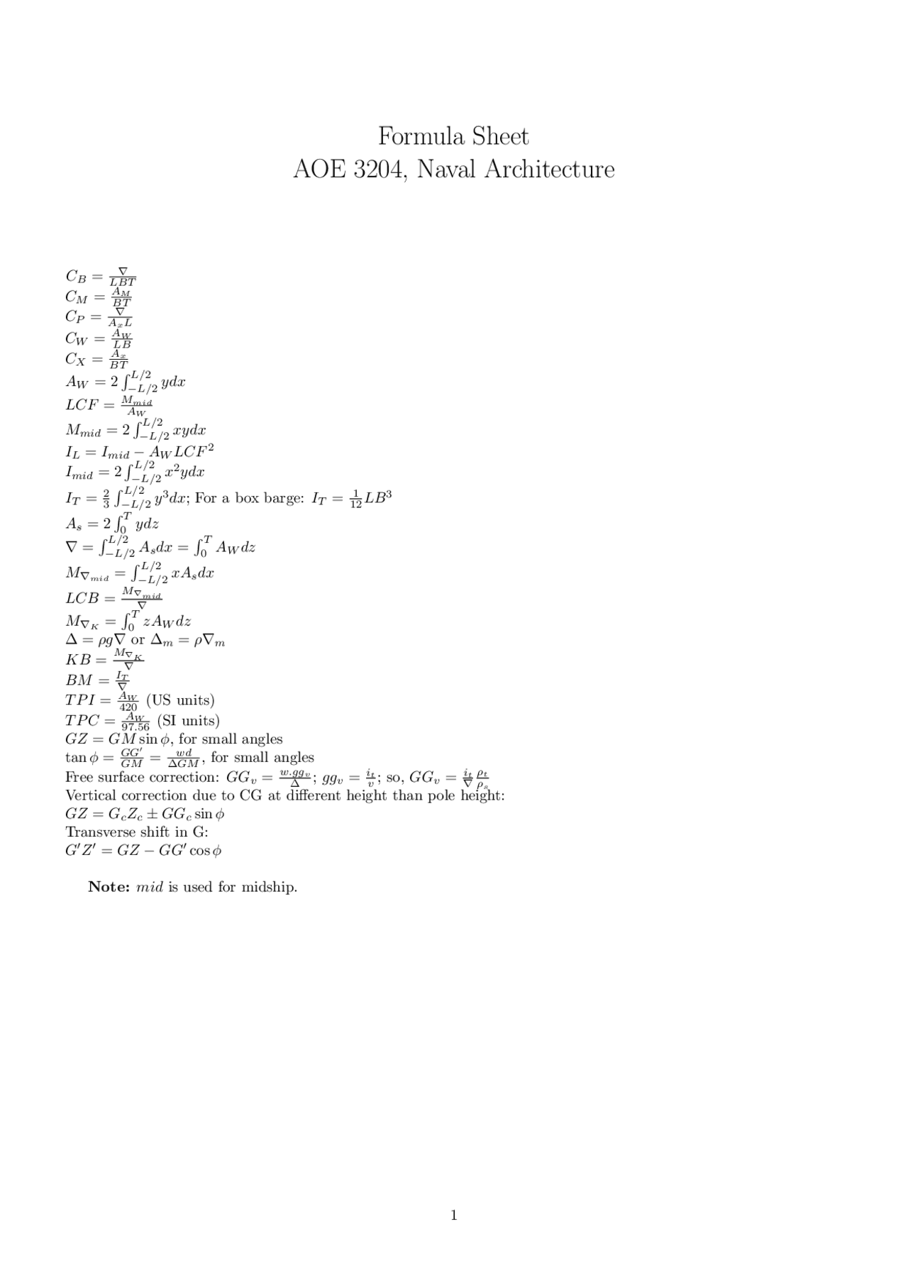 Midterm Formula Sheet Naval Architecture Aoe 3204 Docsity
