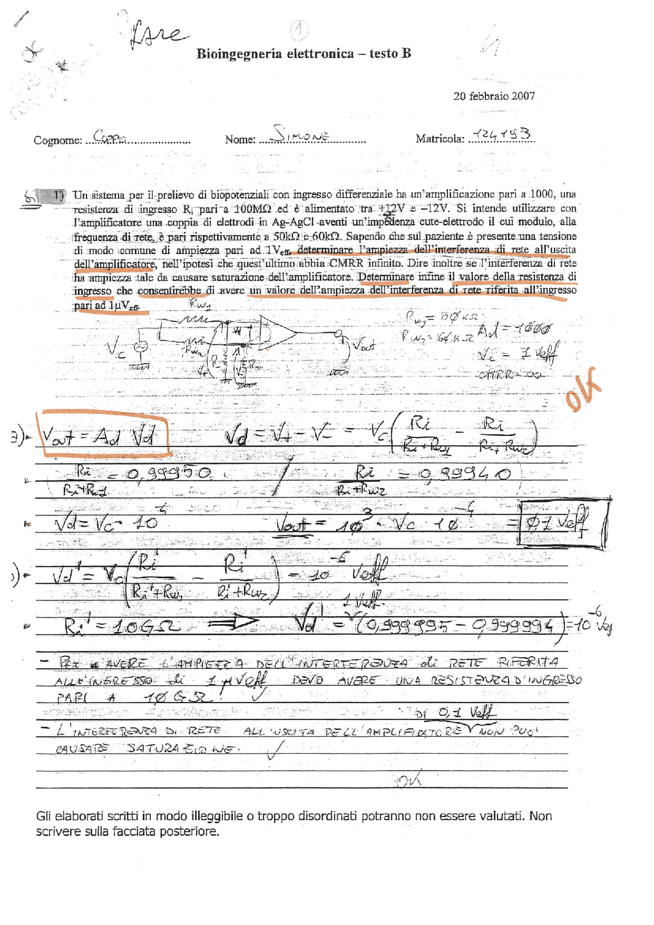 Bioingegneria Elettronica Esami 20 02 2007 Docsity