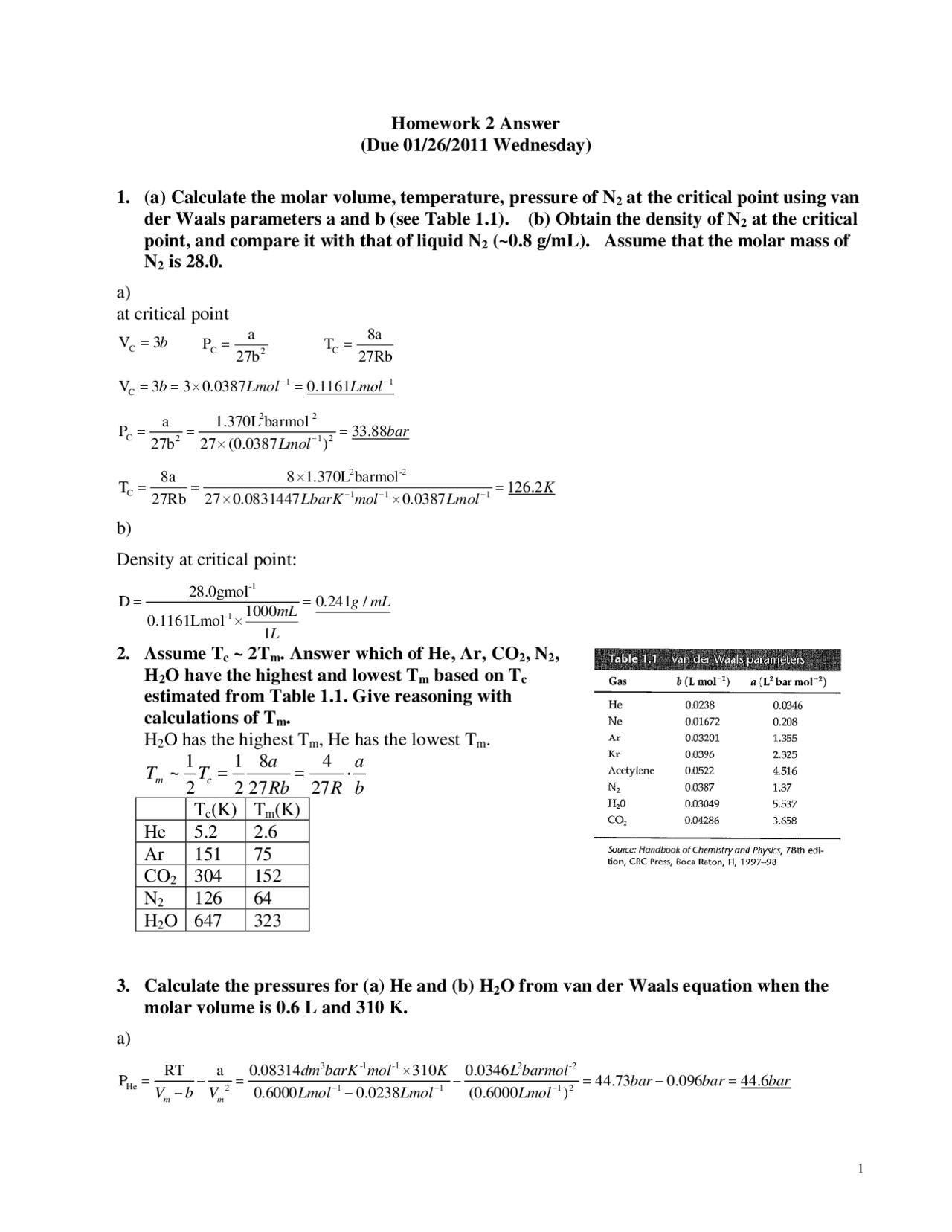 Homework 2 With Answers Physical Chemistry For Biochemists I Chem