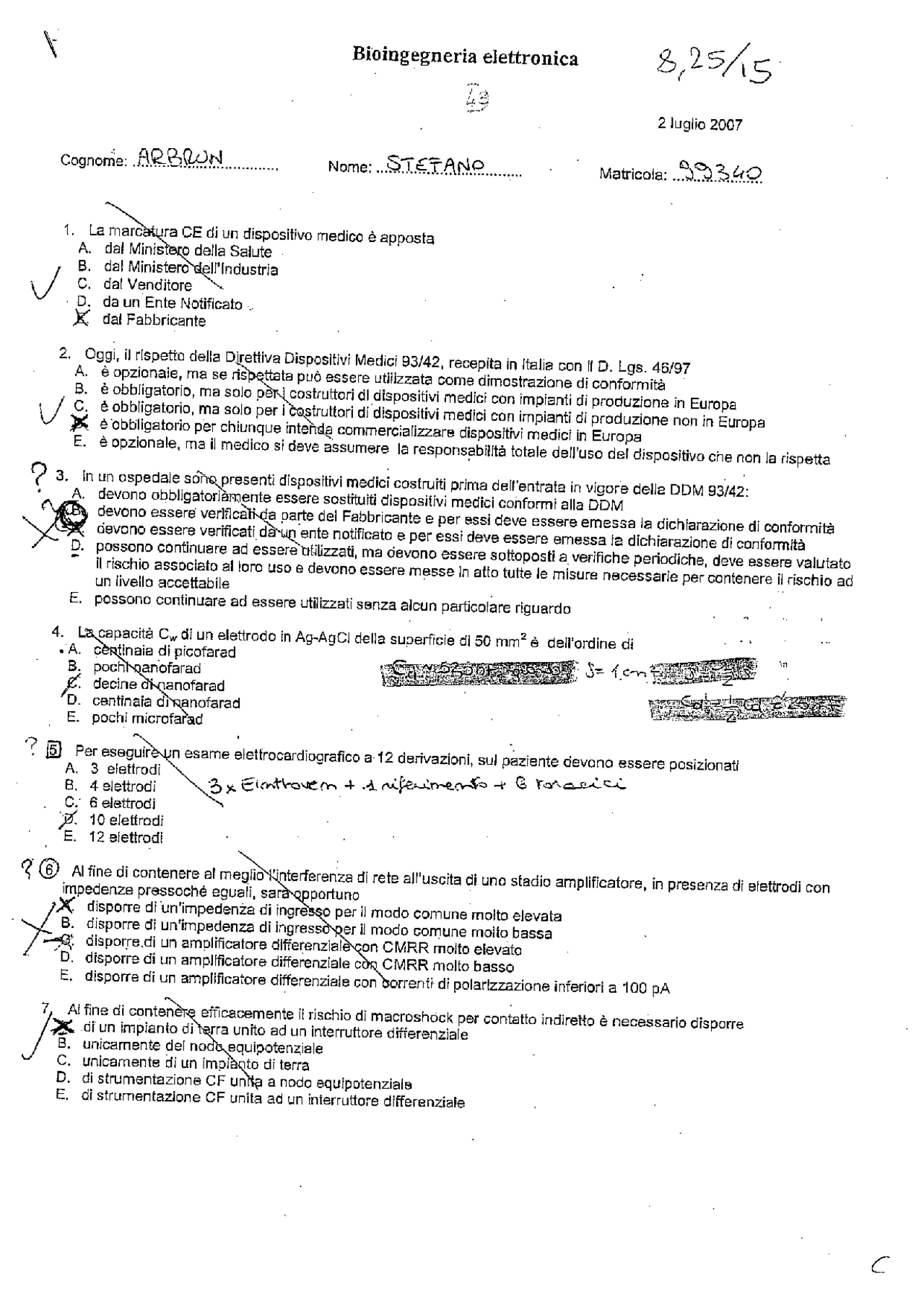 Bioingegneria Elettronica Esame 12 07 2007 Docsity