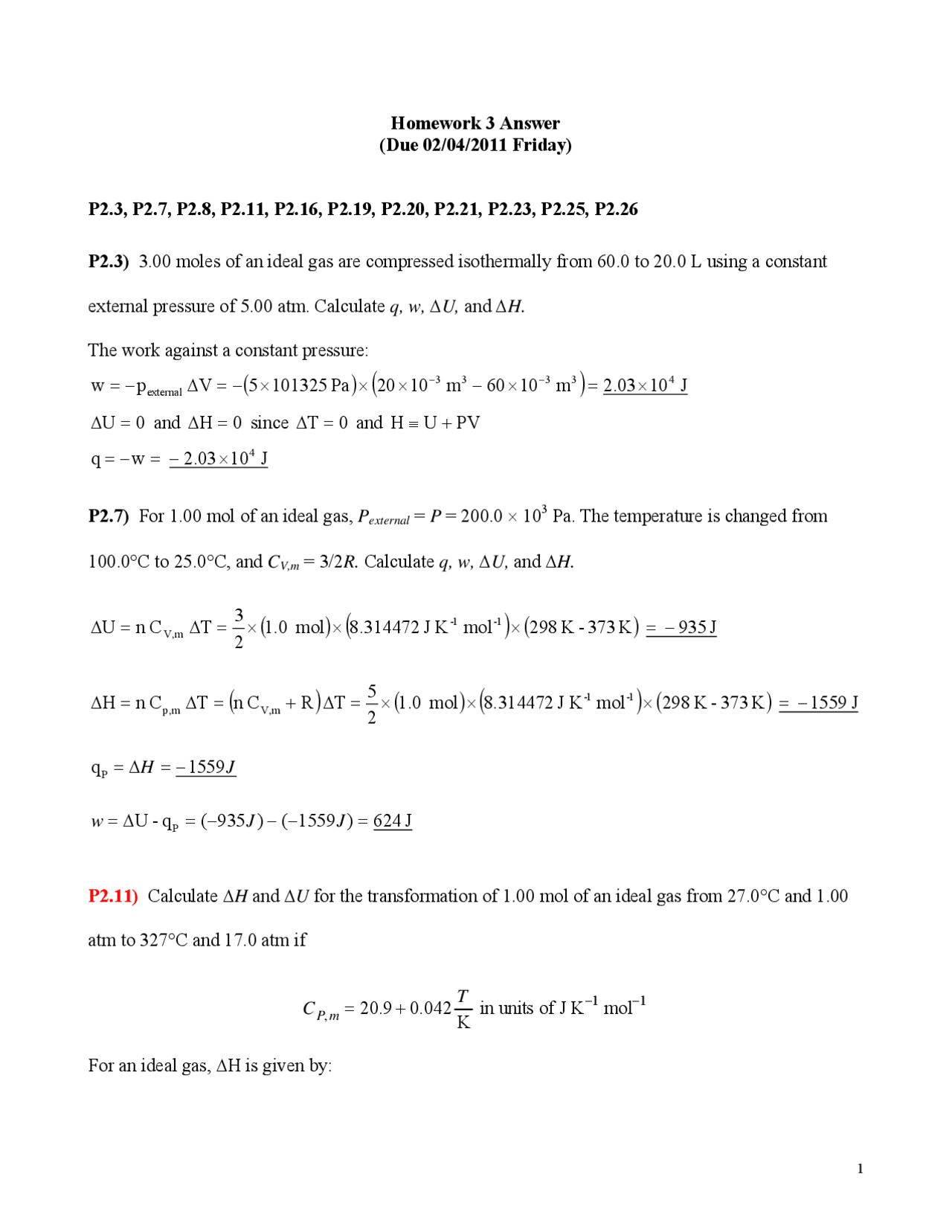 Homework 3 With Answers Physical Chemistry For Biochemists I Chem