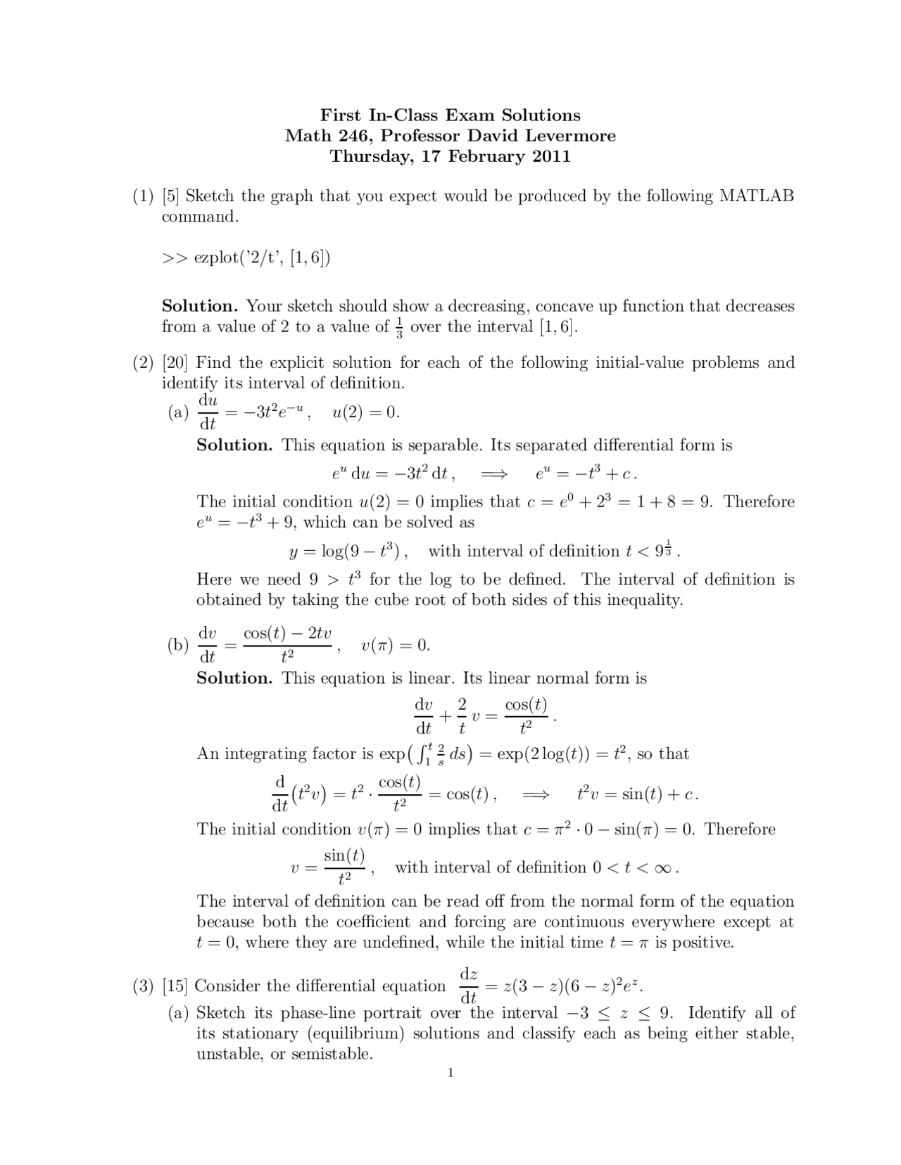 First In Class Exam Solutions Differential Equations Math 246 Docsity