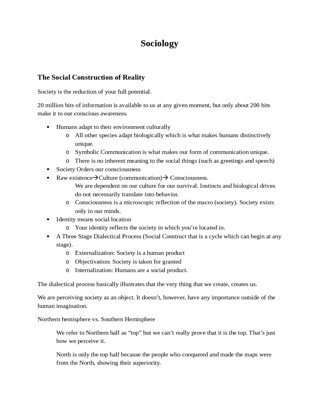 The Social Construction of Reality - Lecture Notes | SOCI 1310 - Docsity