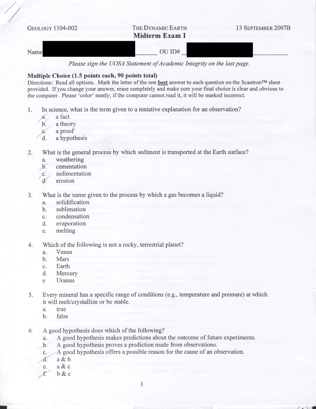 Midterm Exam 1 The Dynamic Earth Geol 1104 Docsity