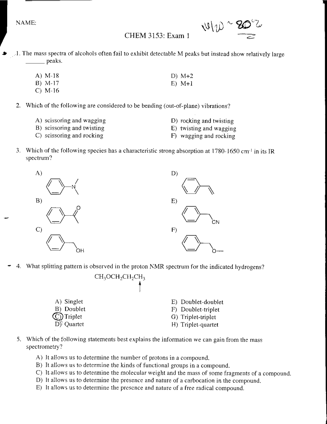 Exam 1 for Organic Chemistry I: Biological Emphasis | CHEM 3153 - Docsity
