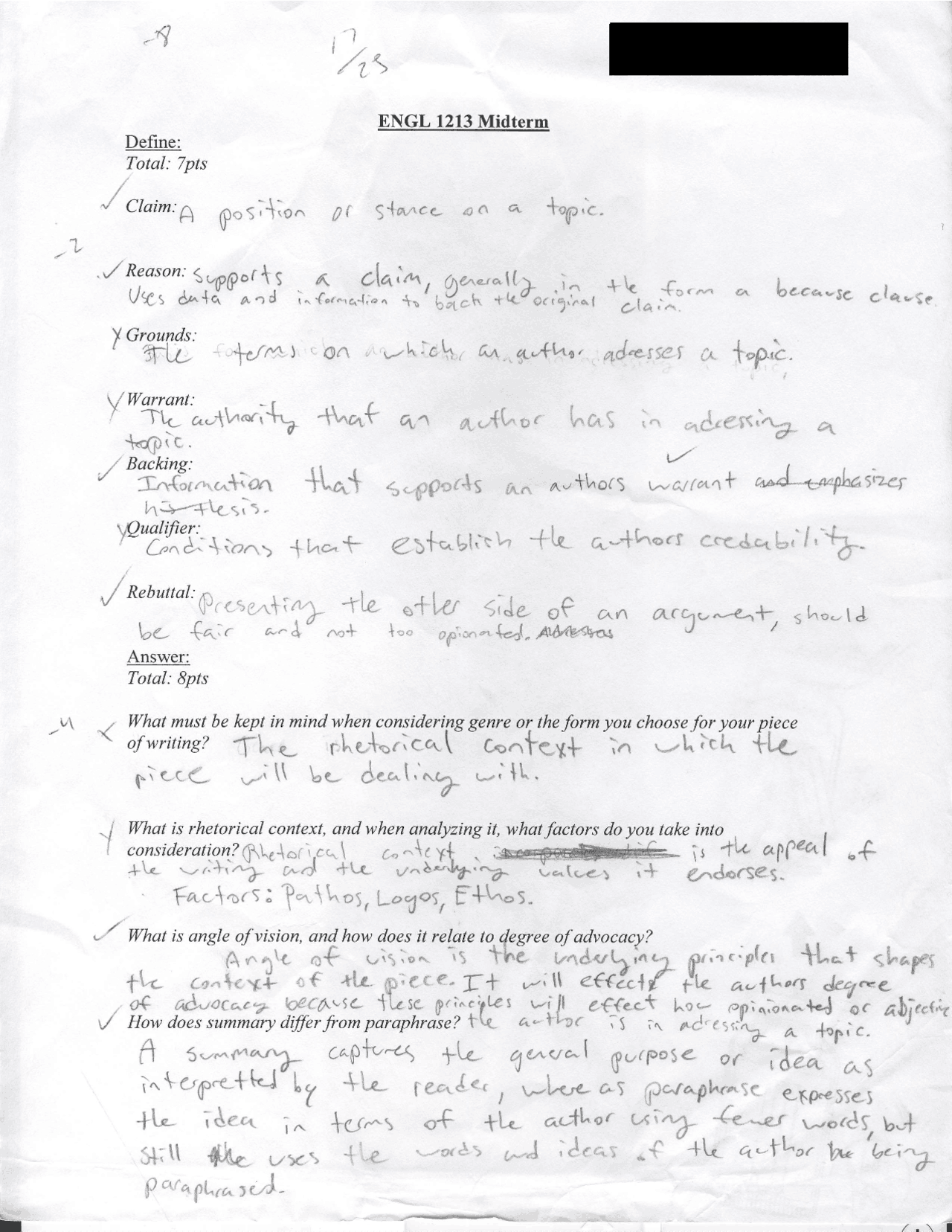 Midterm Exam with Answer Key - Principles of English Composition | ENGL ...