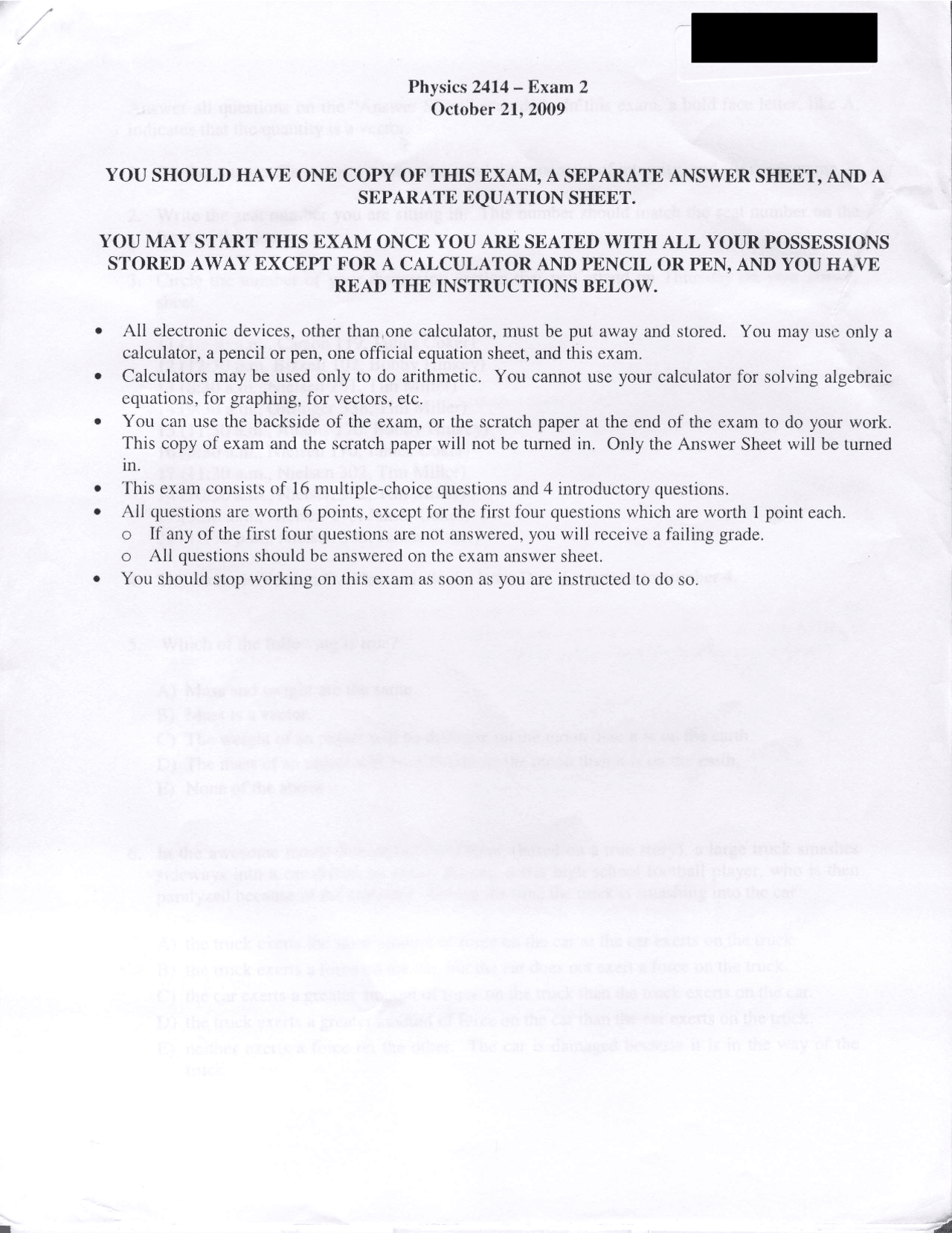 General Physics for Life Science Oriented Majors - Final Exam with Key | PHYS 2414 - Docsity