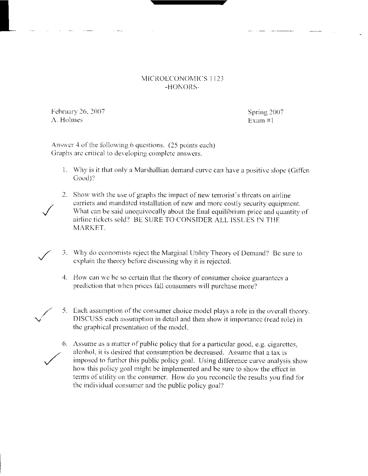 Exam 1 For Principles Of Microeconomics Spring 2007 Econ 1123 Docsity