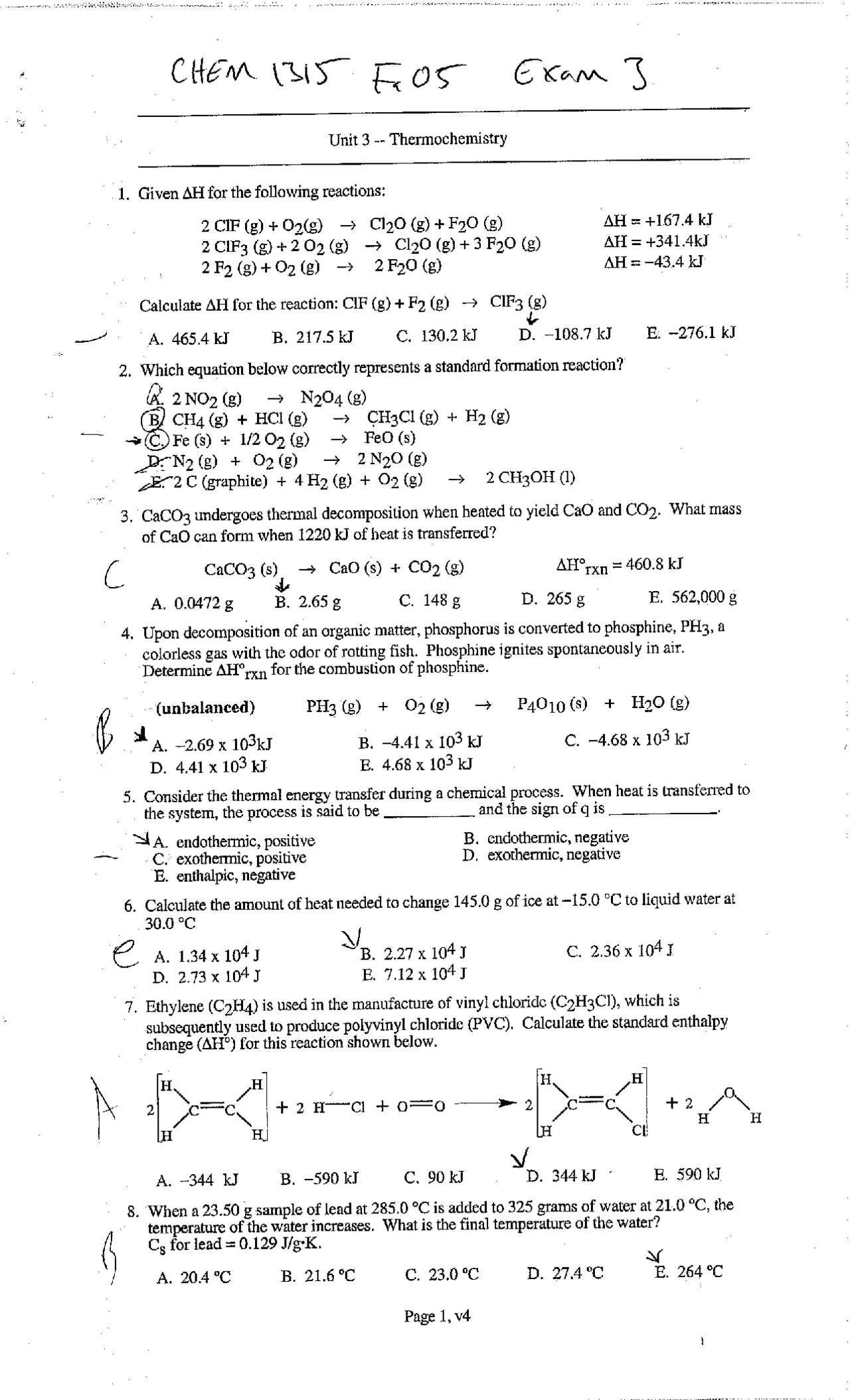 Thermochemistry Questions With Answers Chem 1315 Exams Chemistry