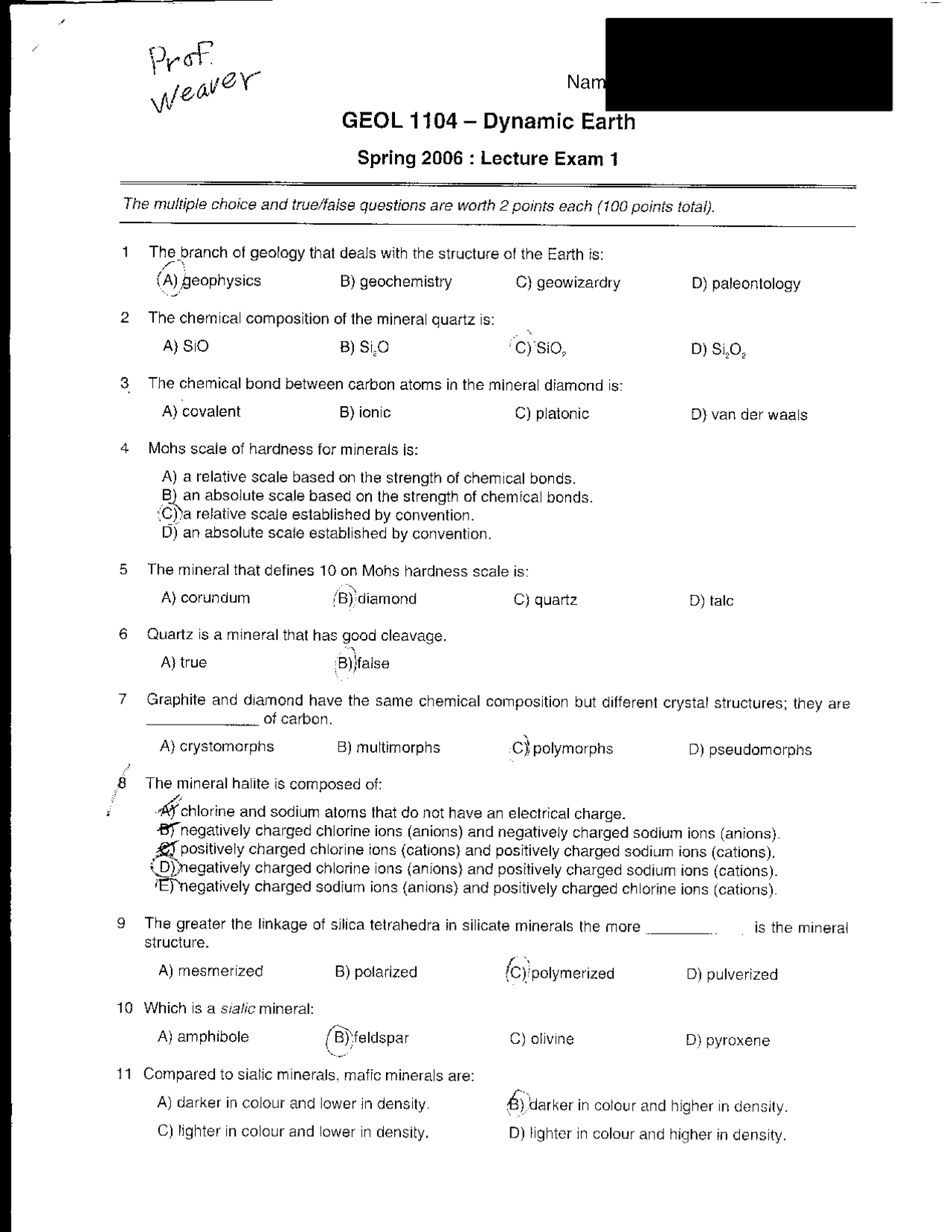 Solved Exam 1 For The Dynamic Earth Geol 1104 Docsity