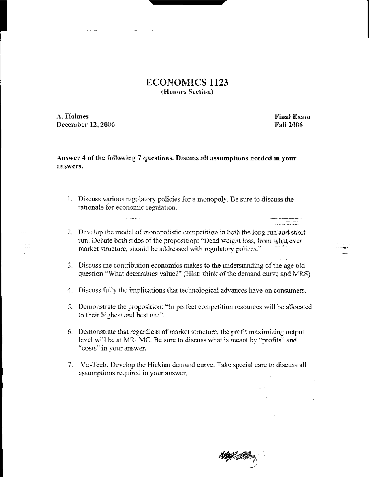 Final Exam for Principles of Microeconomics Honors - Fall 2006 | ECON ...