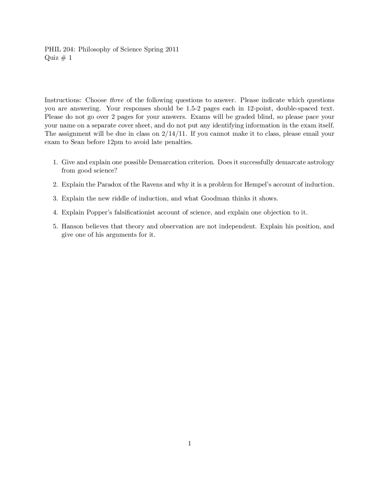 Quiz 1 Introduction To The Philosophy Of Science Phil 204 Docsity