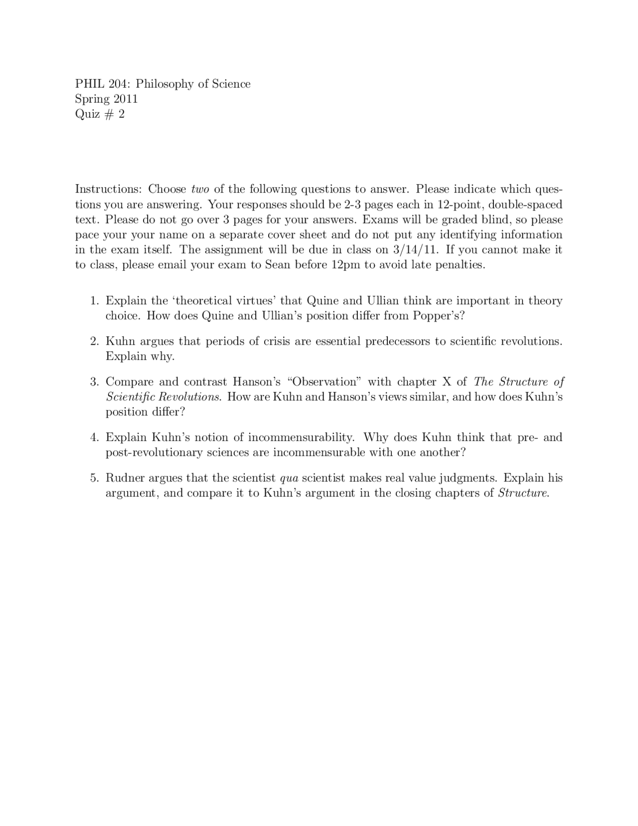 Introduction To The Philosophy Of Science Quiz 2 Phil 204 Docsity