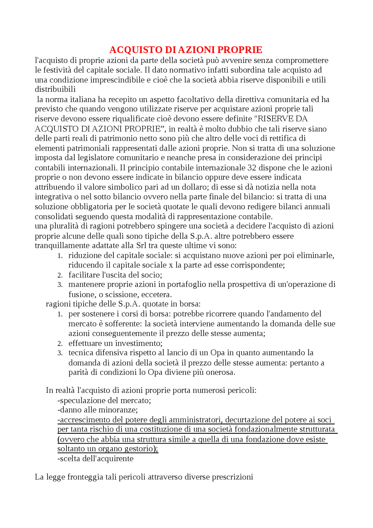 Diritto commerciale - Acquisto di azioni proprie - Docsity