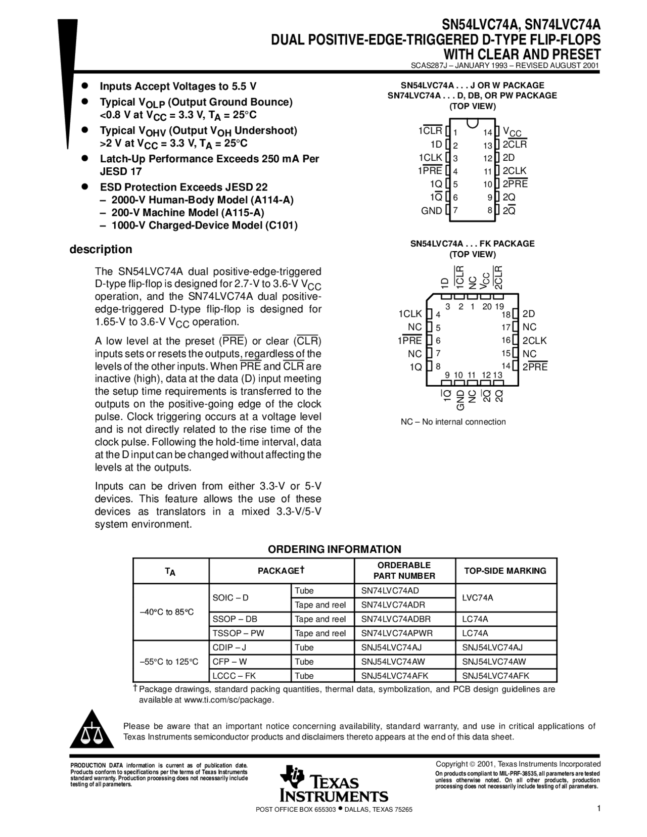 74lvc74a - Datasheet flip flop - Docsity