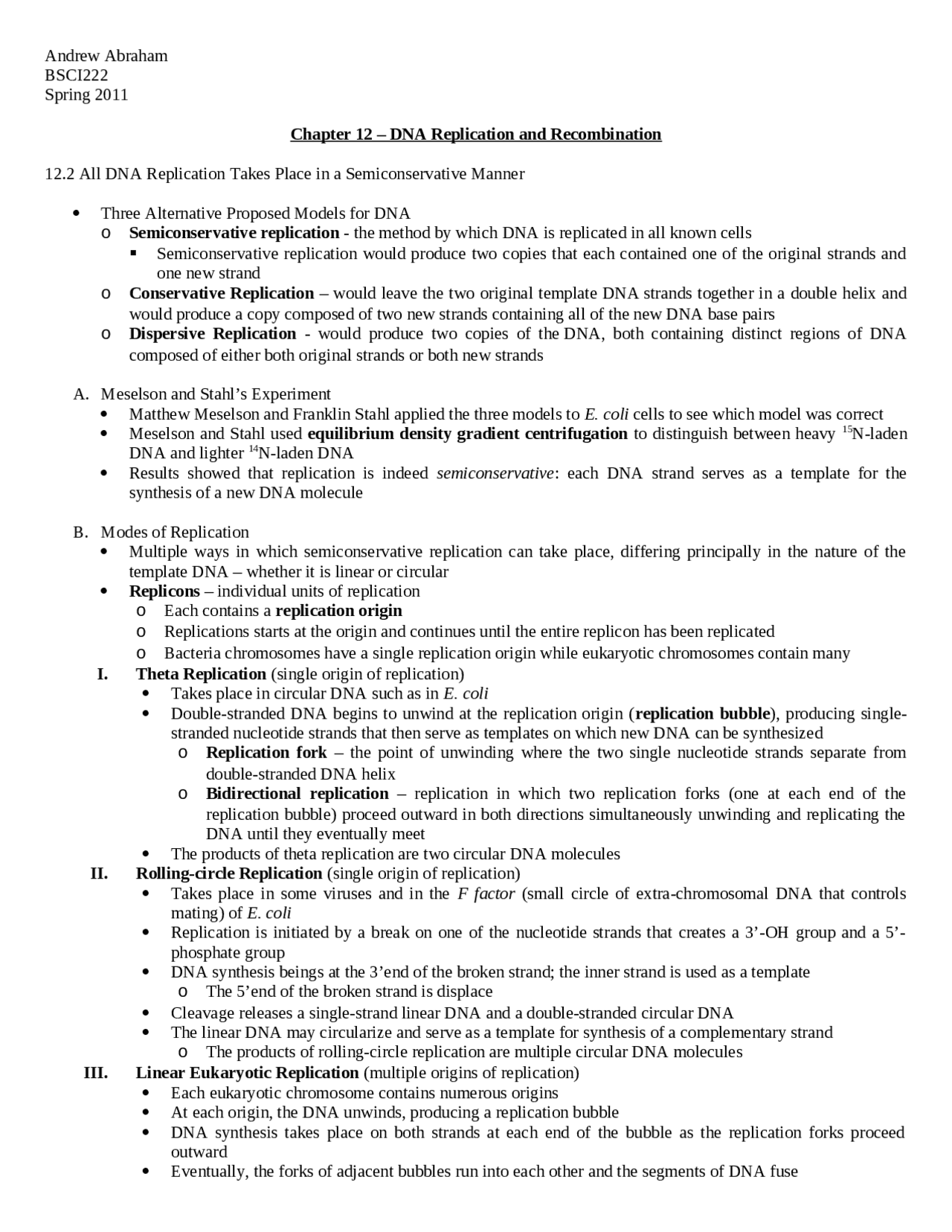 Notes On Dna Replication And Recombination Bsci 222 Docsity