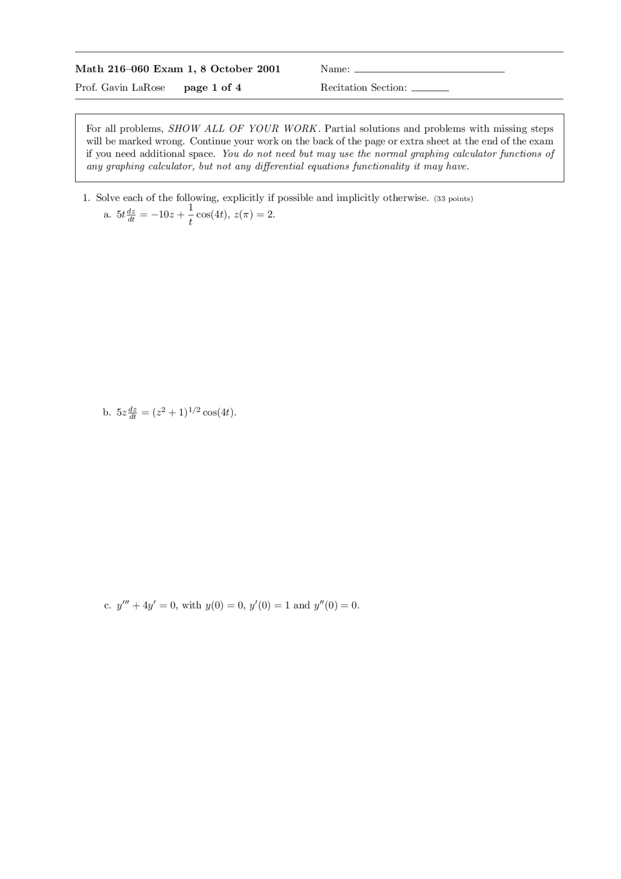 Math 216-060 Exam 1, 8 October 2001 | Exams Differential Equations ...