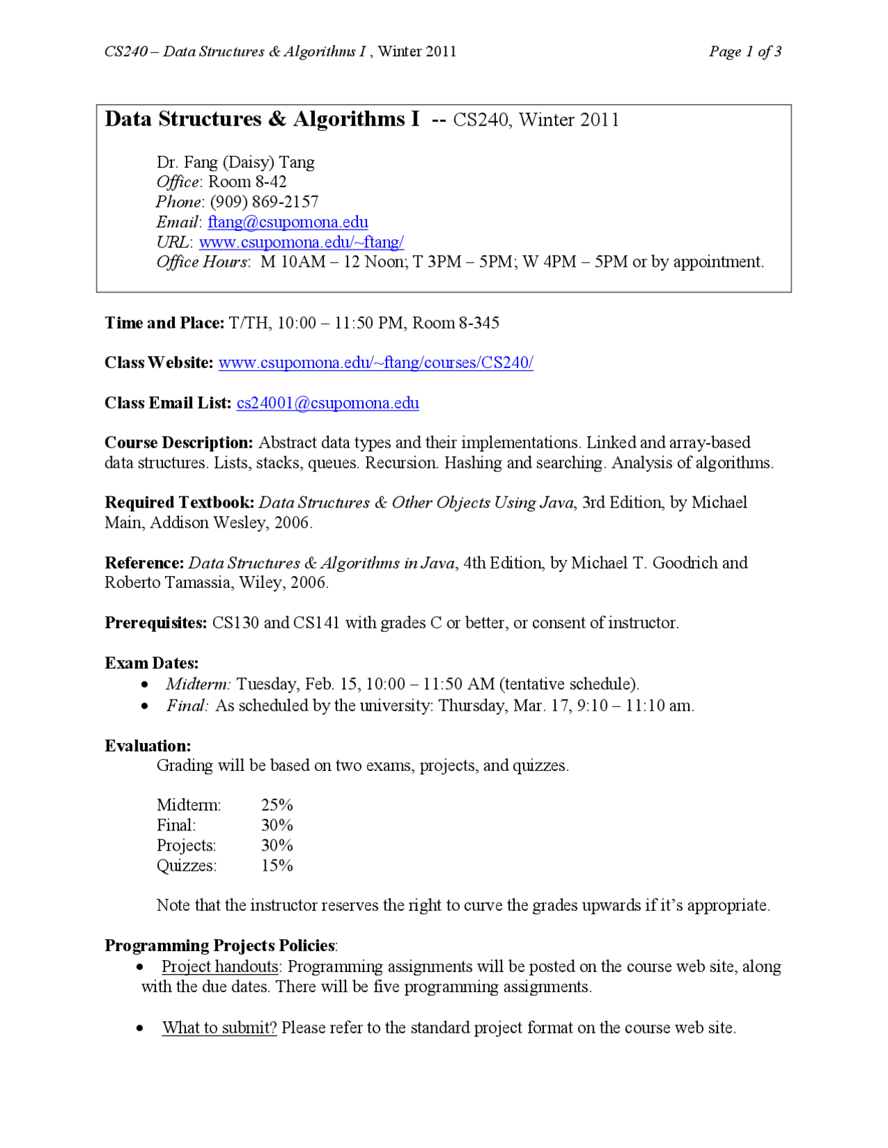 Syllabus for Data Structures and Algorithms I | CS 240 | Study notes ...