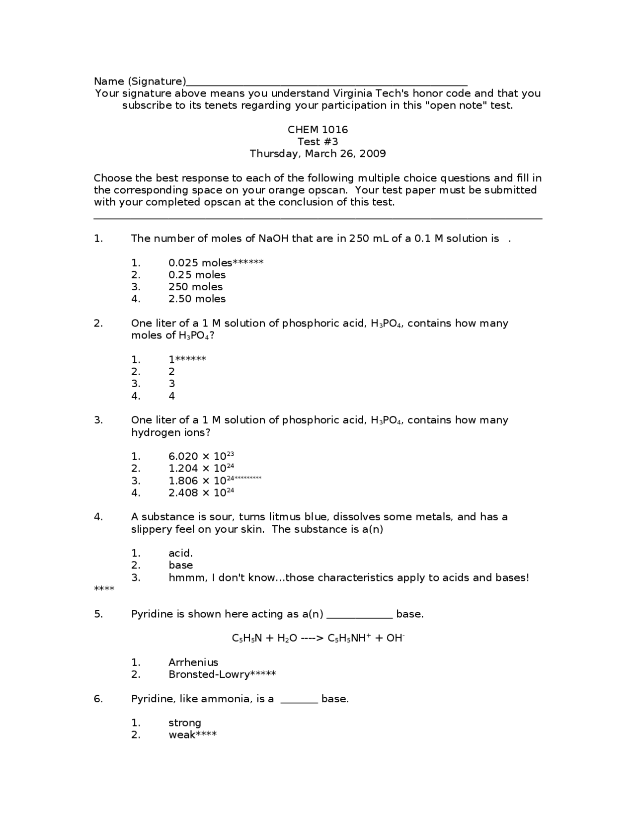 Introduction to Chemistry - Answers for Test 3 | CHEM 1016 - Docsity