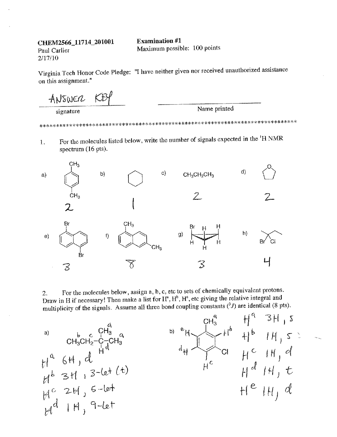 Exam 1 with Solution for Principles of Organic Chemistry | CHEM 2566 ...