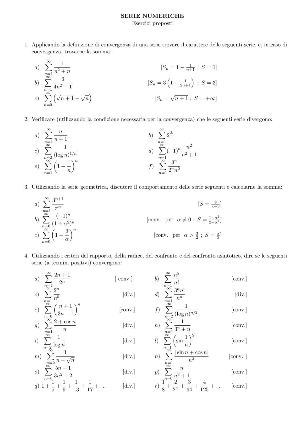 Esercizi Proposti Sulle Serie Numeriche Docsity