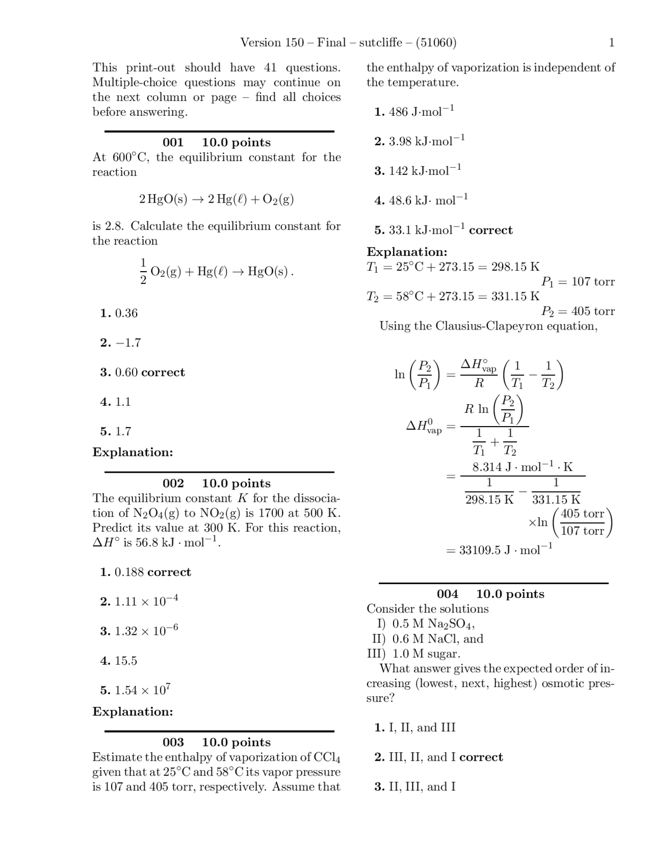 Final Exam Solutions Principles Of Chemistry Ii Ch 302 Docsity