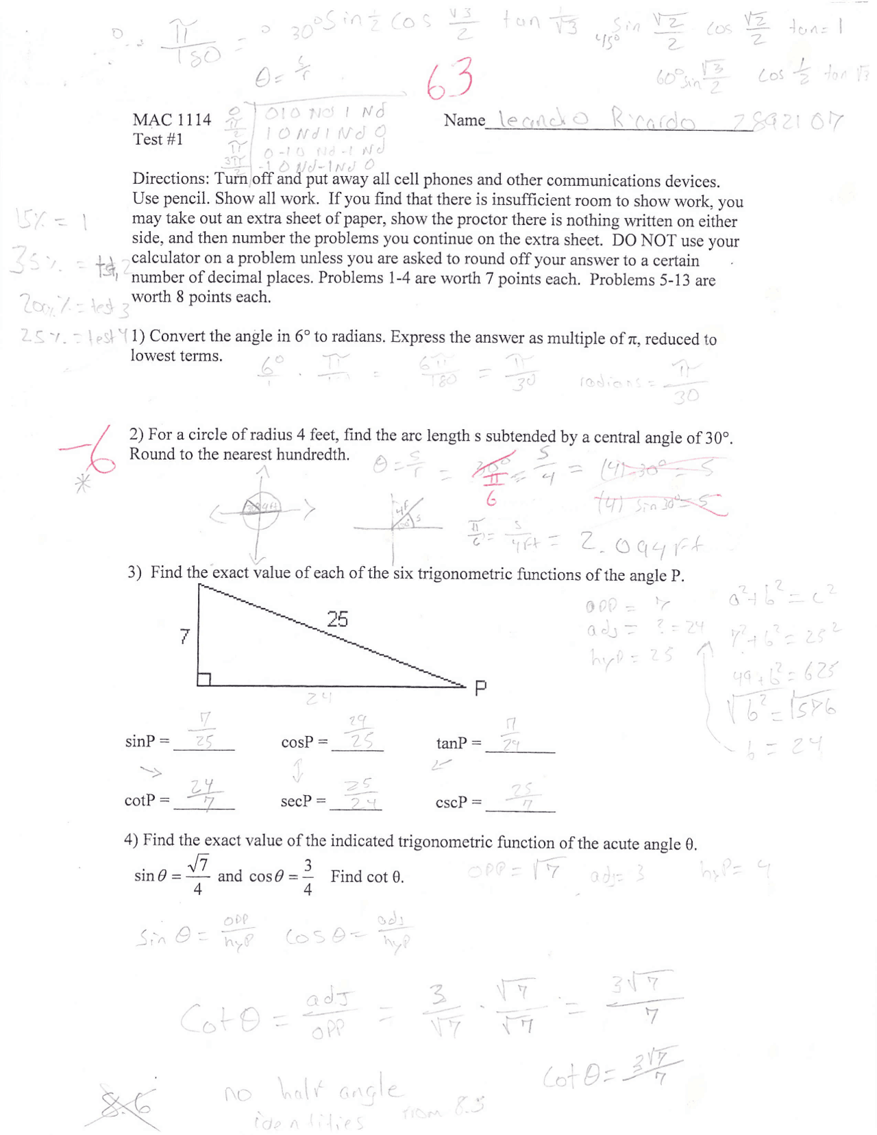 13 Solved Problems on Trigonometry - Examination 1 | MAC 1114 | Exams Trigonometry | Docsity
